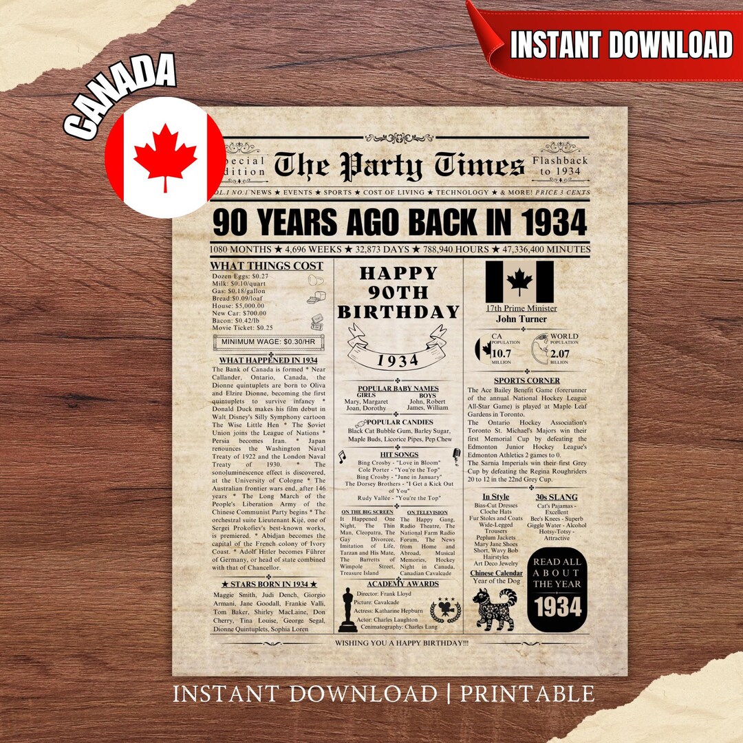 1934 IN CANADA 90th Birthday Newspaper Print, Canadian 90th Birthday ...