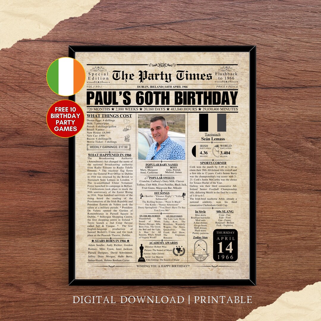 1966 Irish 60th Birthday Newspaper Poster IRELAND Facts 60 Years Ago ...
