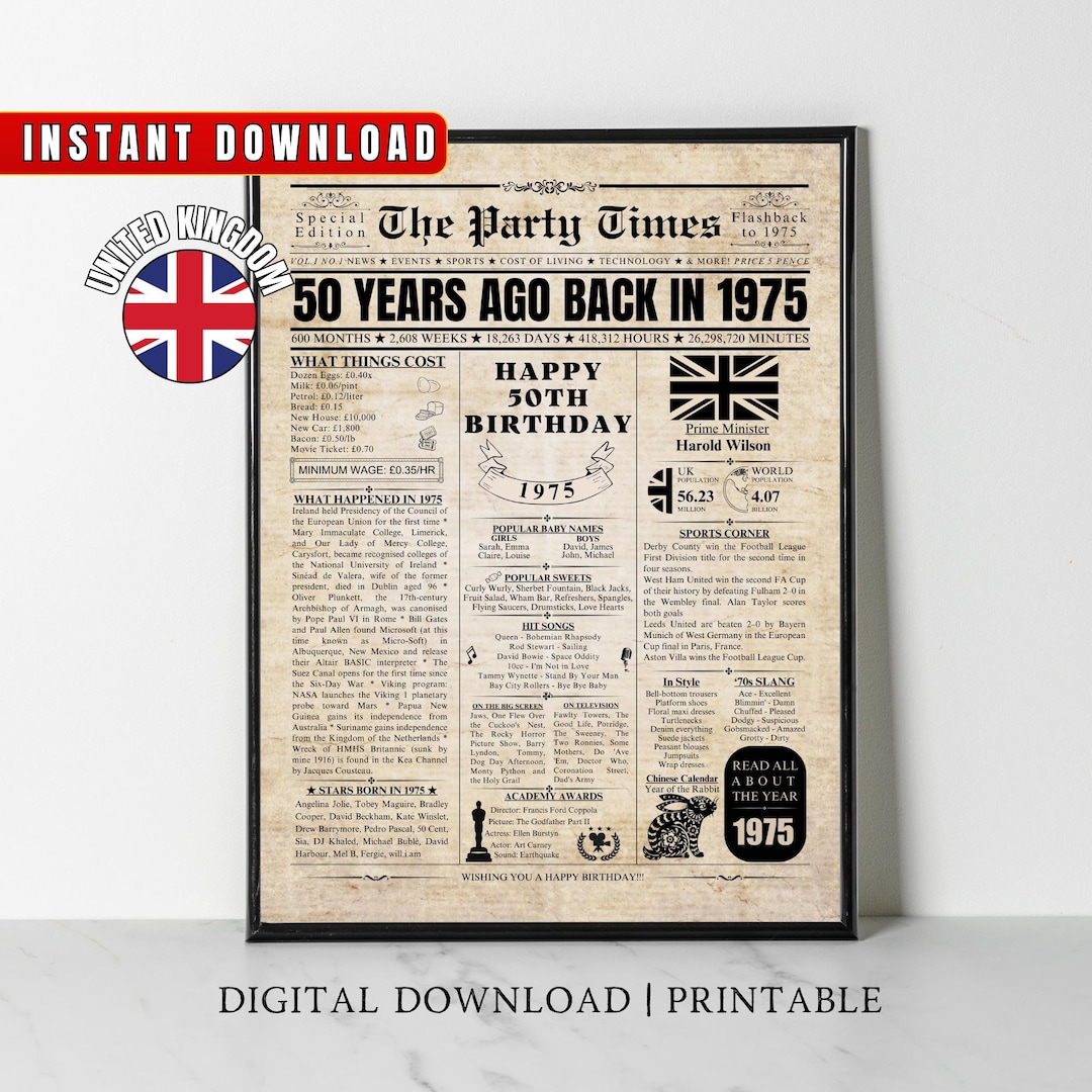 1975 UK 50th Birthday Newspaper Print United Kingdom 50th Birthday Gift 1975 Birthday Poster 50 ...