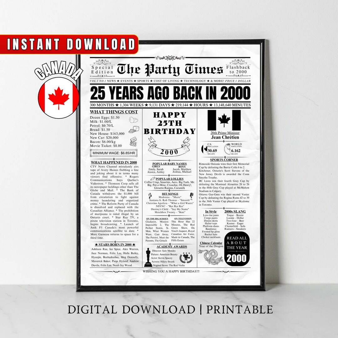 25th Birthday Newspaper 2000 CANADA 2000 Newspaper Poster Canadian ...