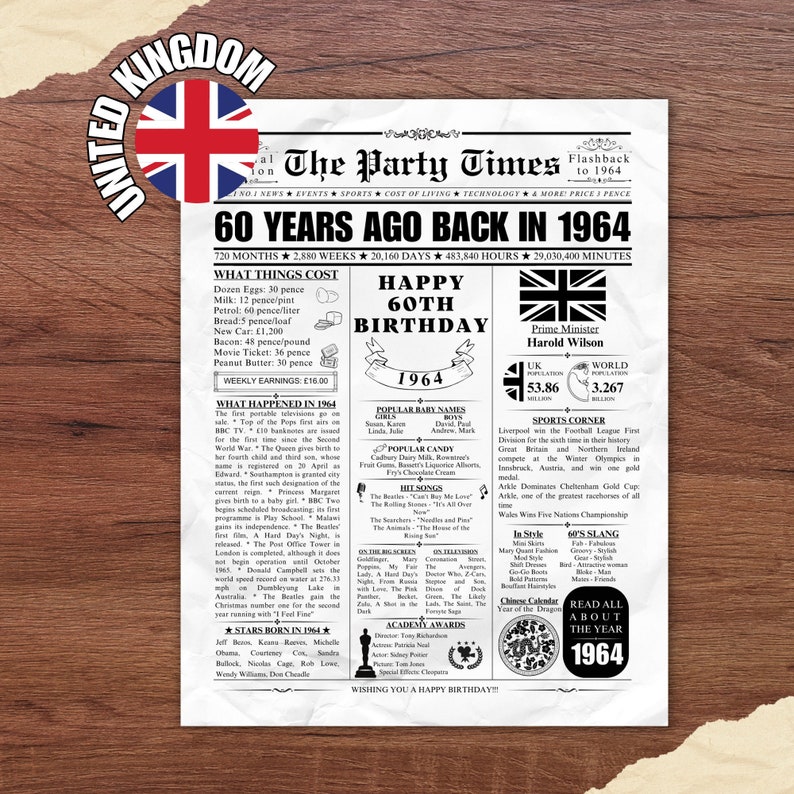 1964 UK 60th Birthday Newspaper Print United Kingdom 60th Birthday Gift ...
