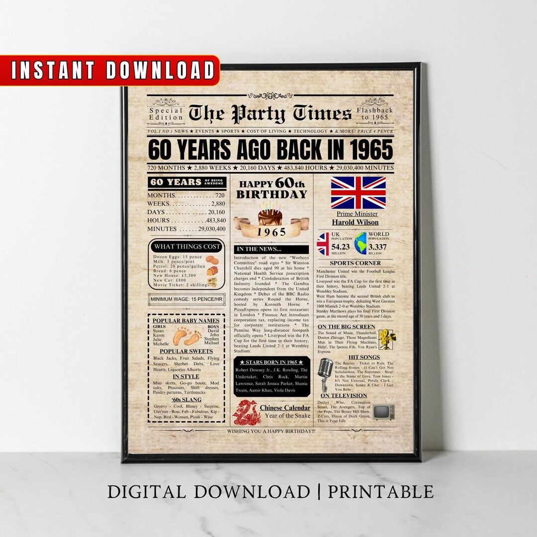 UK 60th Birthday Newspaper Print, United Kingdom 60th Birthday Gift ...