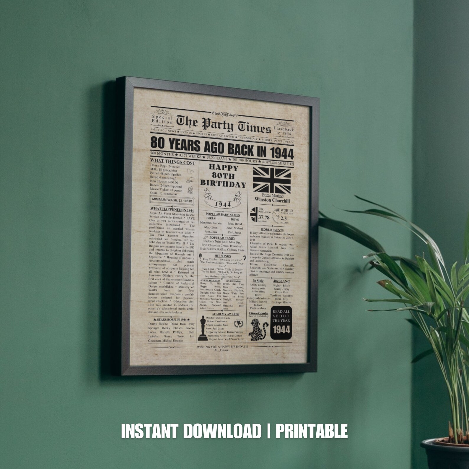 1944 UK 80th Birthday Newspaper Print United Kingdom 80th Birthday Gift ...