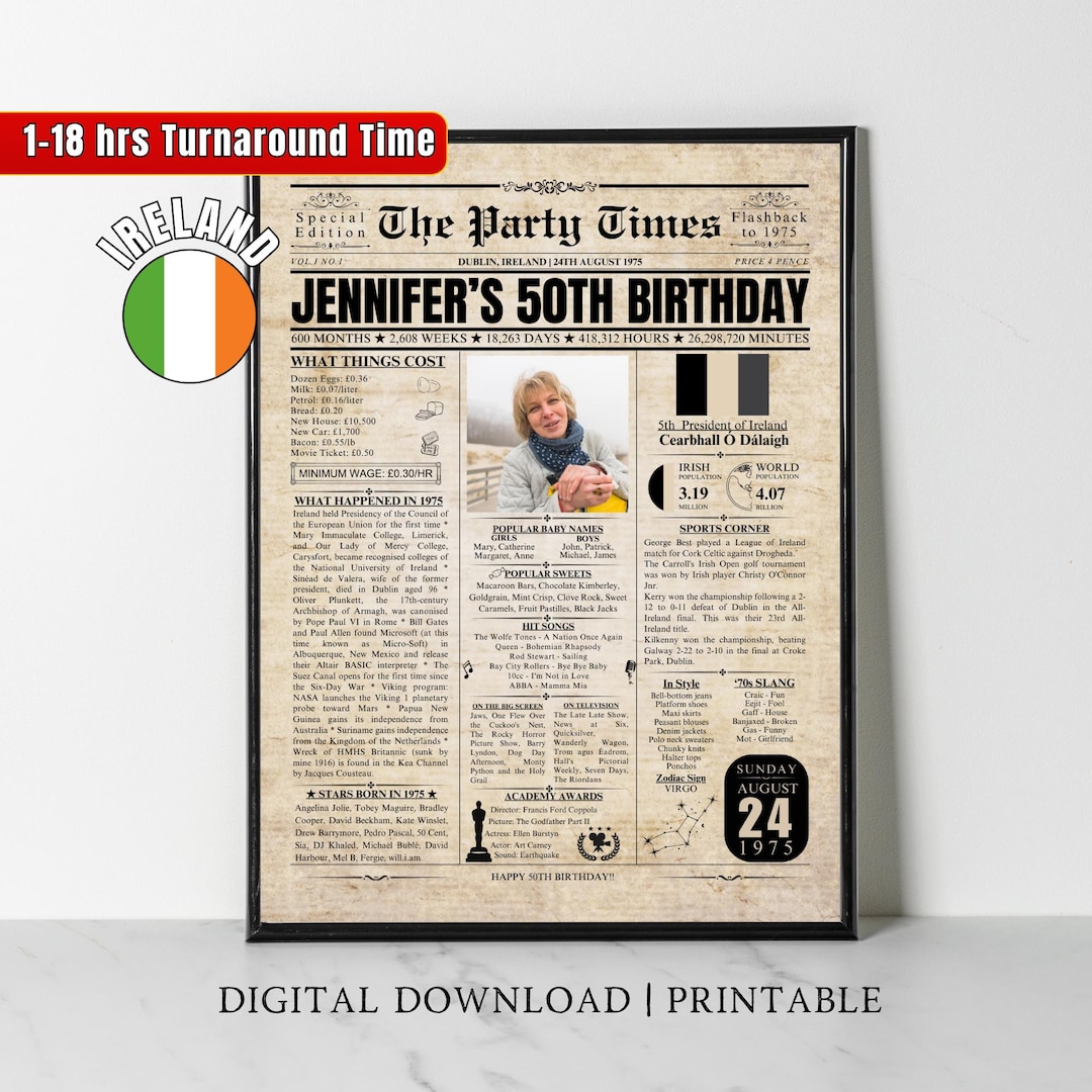 Custom Irish 50th Birthday Newspaper Poster IRELAND Facts 50 Years Ago ...