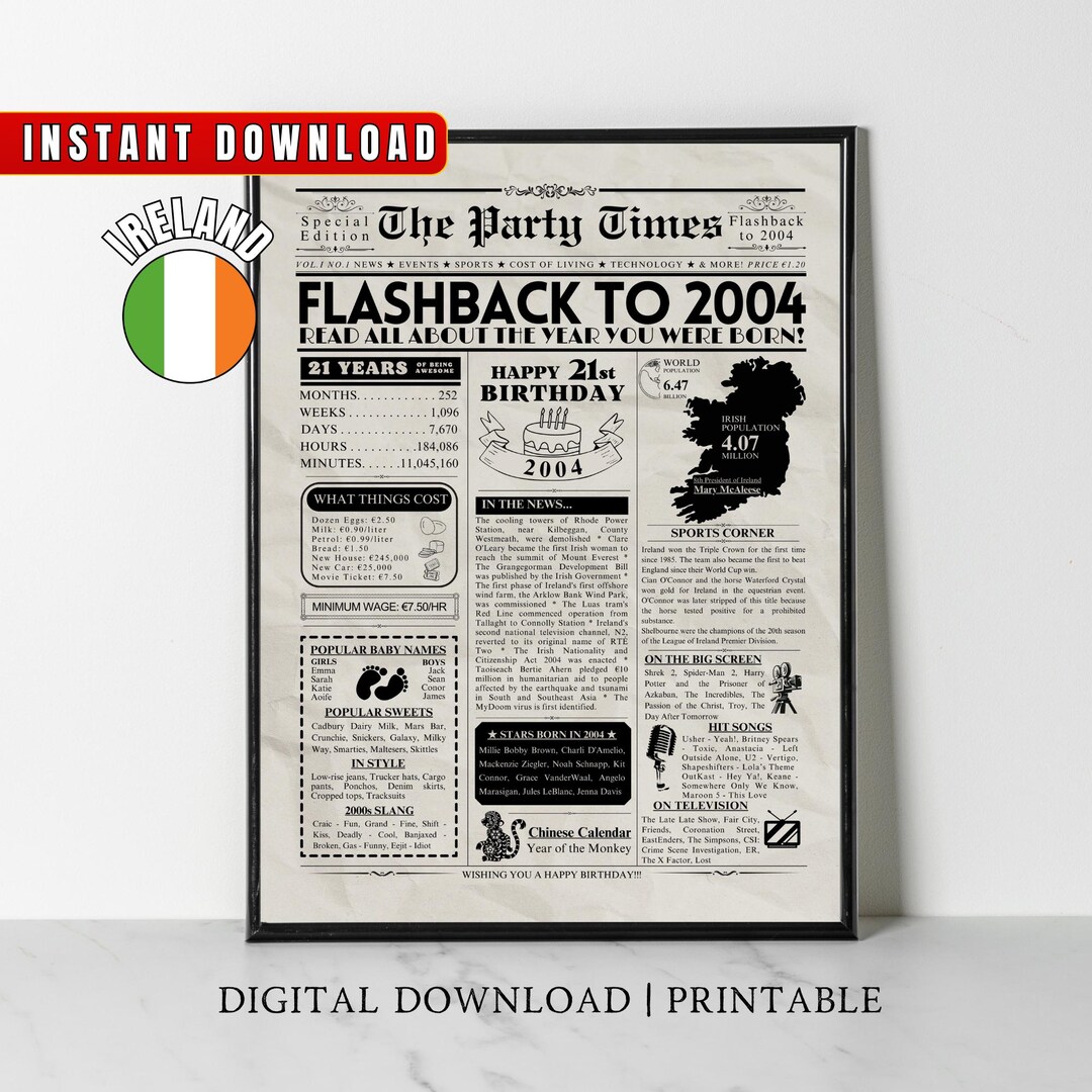 2004 Irish 21st Birthday Newspaper Poster IRELAND Facts 21 Years Ago ...