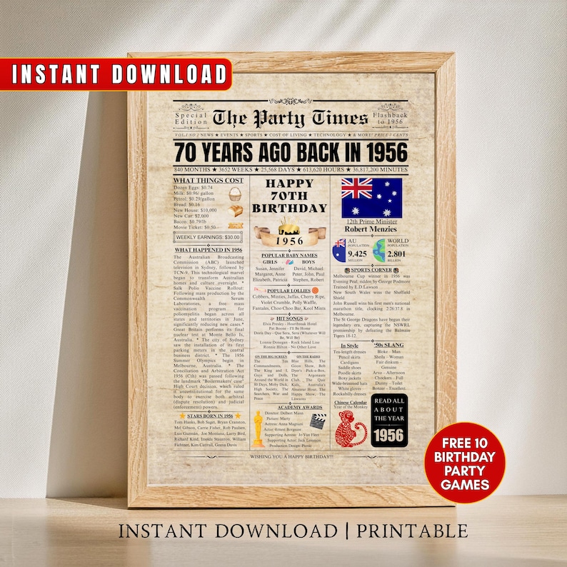 1956 AUSTRALIA 70th Birthday Newspaper | 70th Birthday Gift for ...