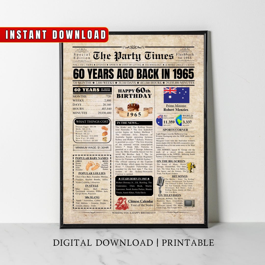 1965 AUSTRALIA 60th Birthday Newspaper Print Australian 60th Birthday ...