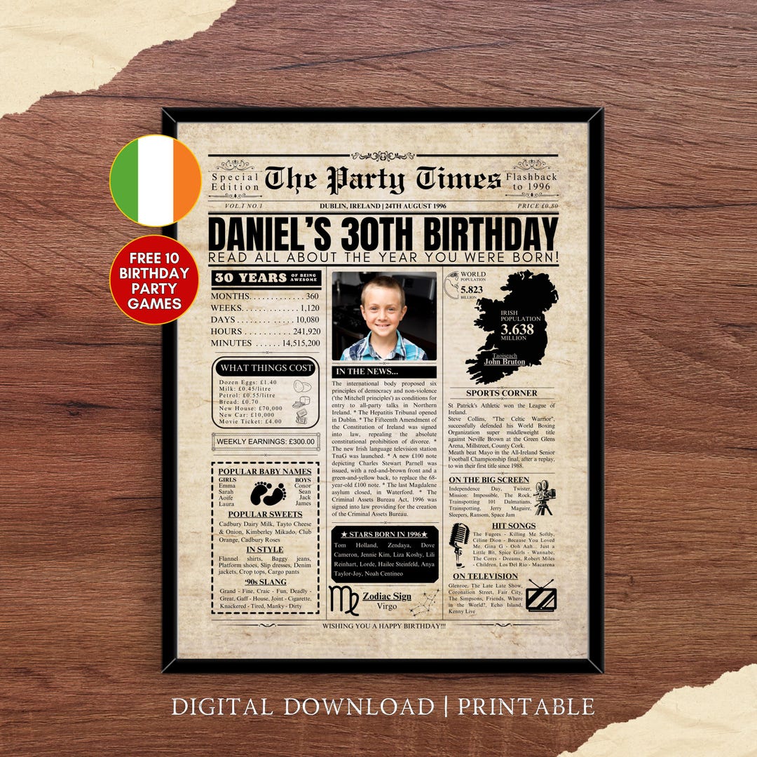 Custom 1996 Irish 30th Birthday Newspaper Poster IRELAND Facts 30 Years ...