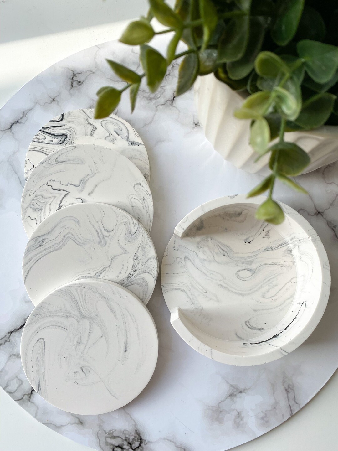 Holder & Coaster Set of 4, Light Marble Handmade | Jesmonite ...