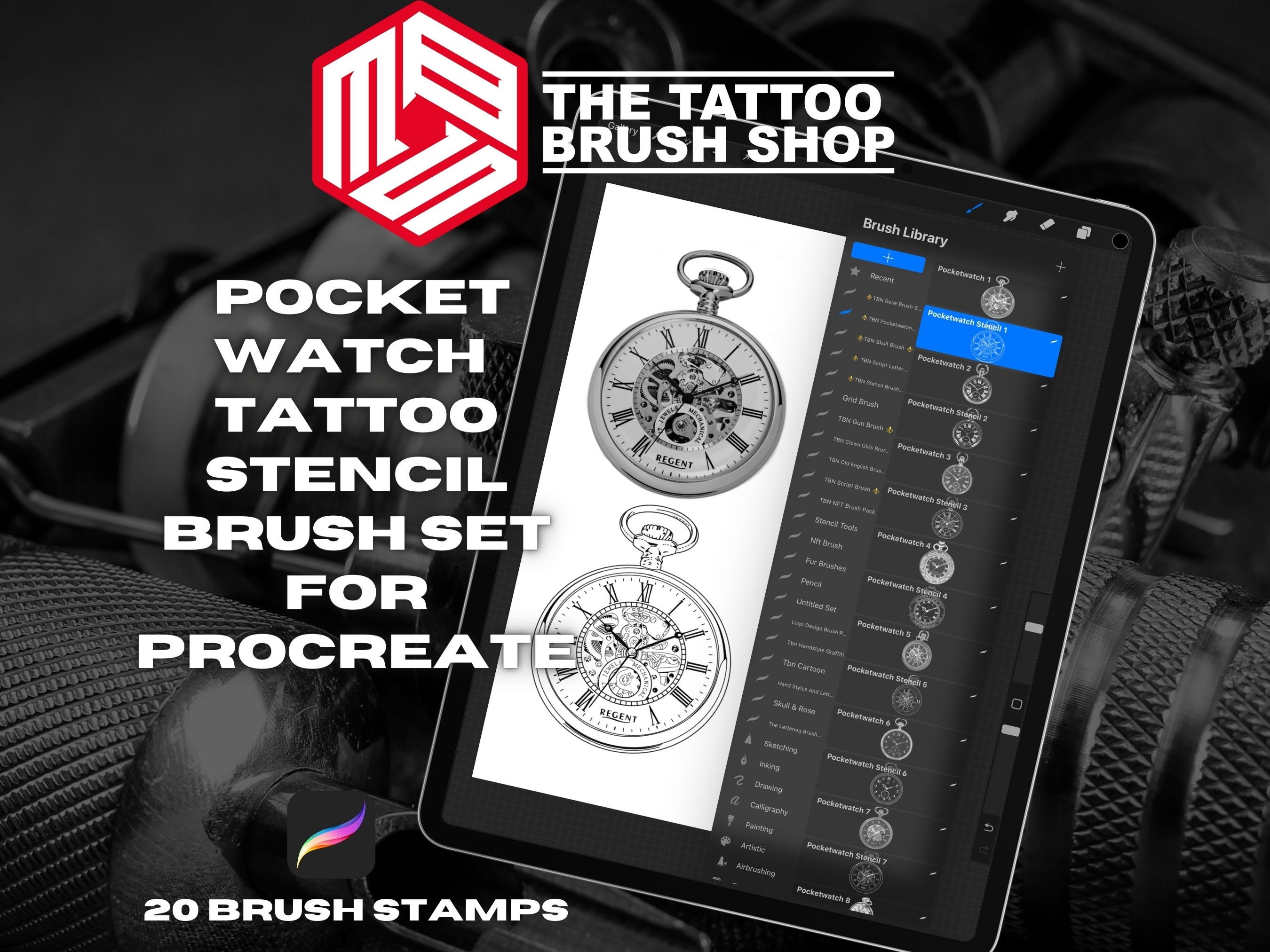 20 Pocket Watch Tattoo Stencil Brush Pack for Procreate - Etsy