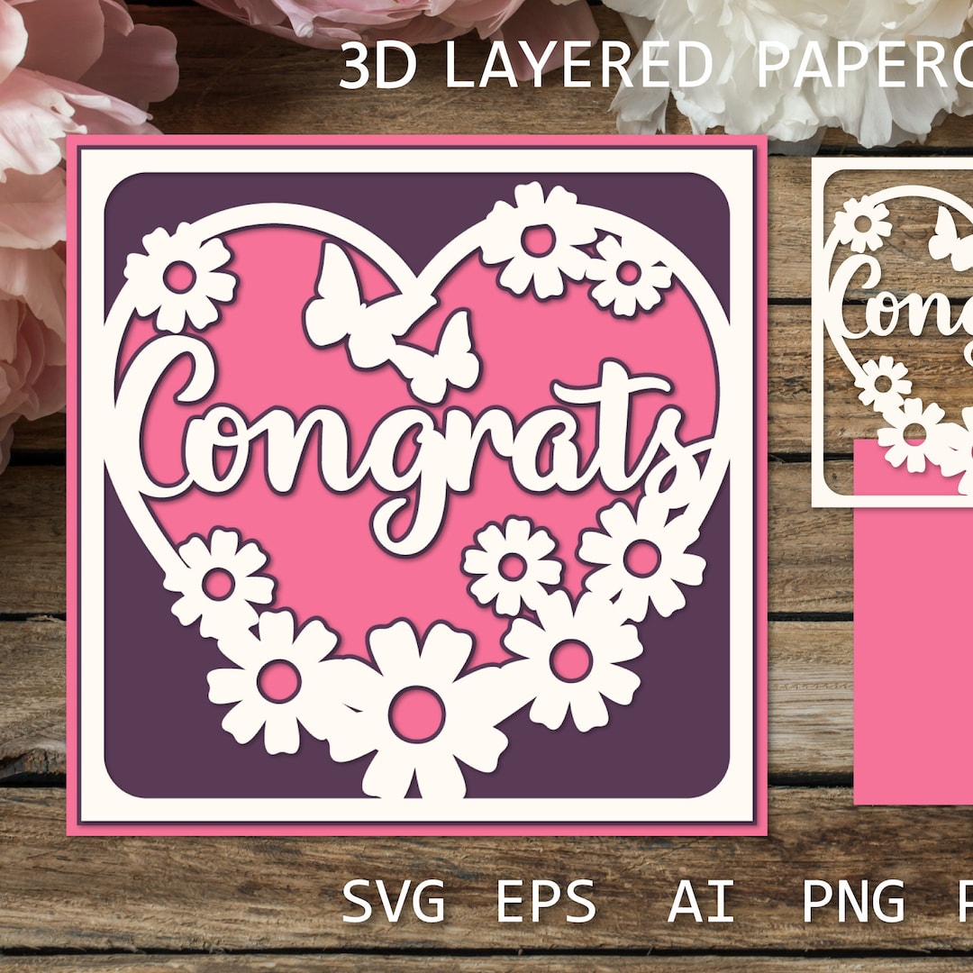 Congrats 3D Layered Papercut Card Template (SVG, PDF) - Etsy