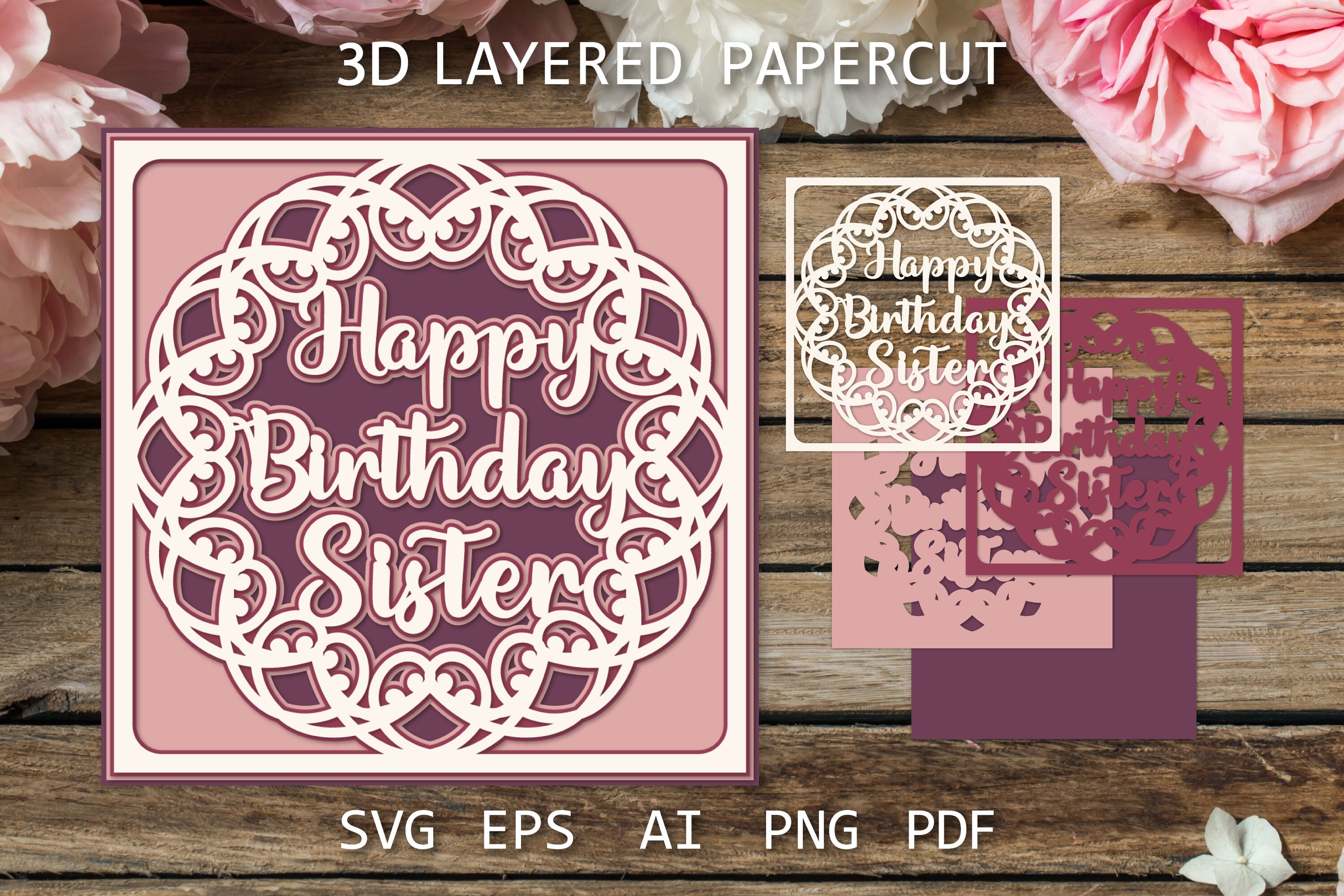 Feliz cumpleaños hermana Tarjeta en capas 3D, SVG Shadow box para ...