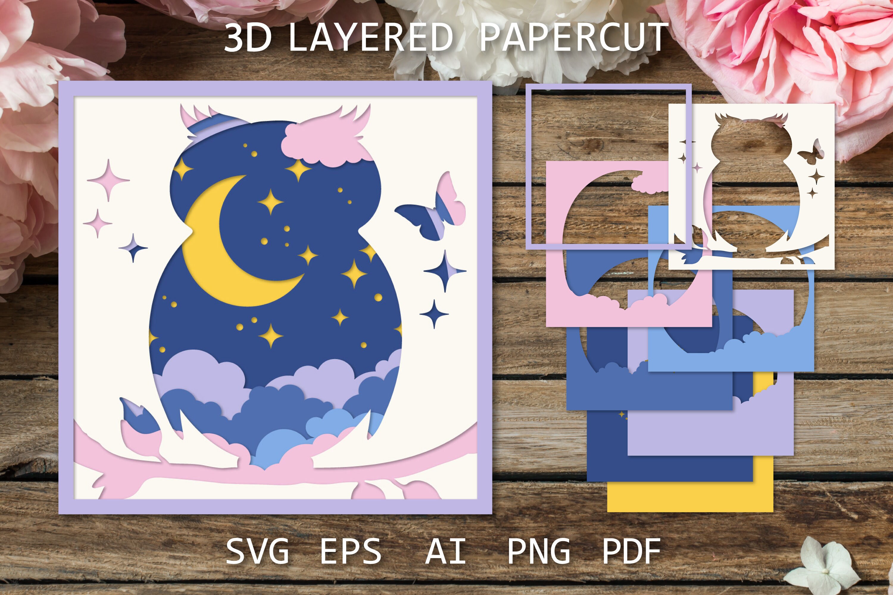 Night Owl Layered Paper Cutting Template Owl SVG Shadow Box Papercut - Etsy