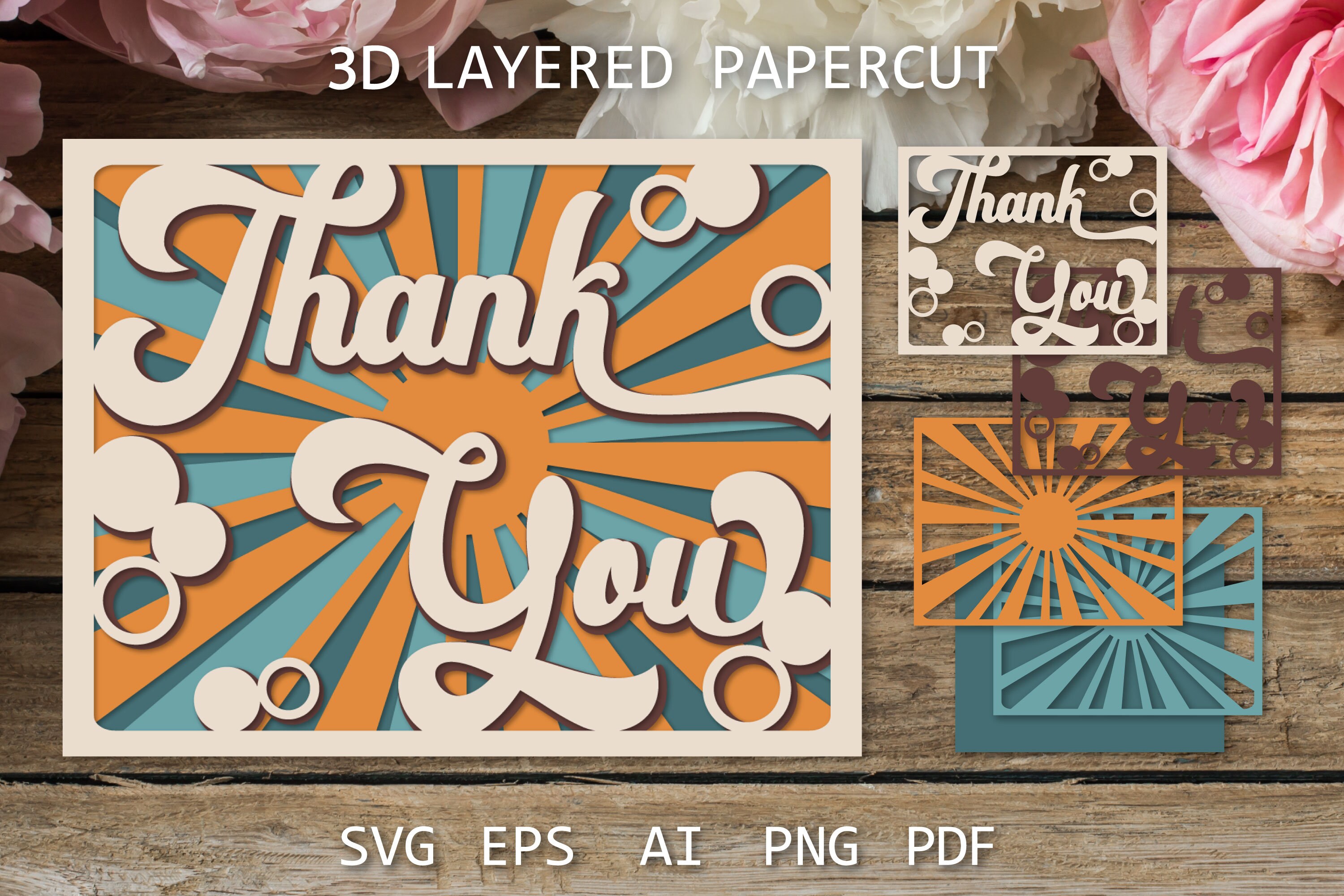Thank You Card SVG | Retro 3D Layered Paper Cut Card, Shadow Box Paper ...