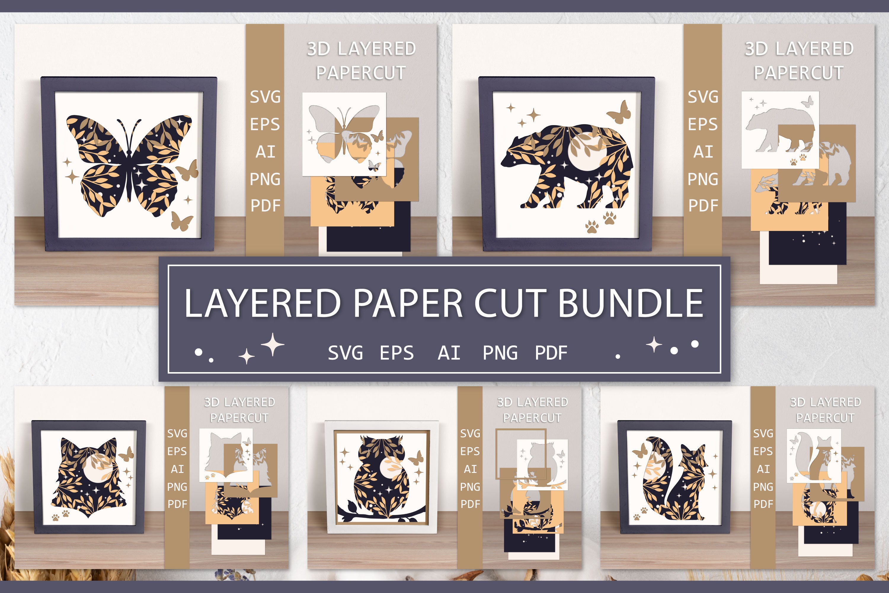 Layered Paper Cut Bundle, SVG 3D Cards, Shadow Box, Animals - Etsy