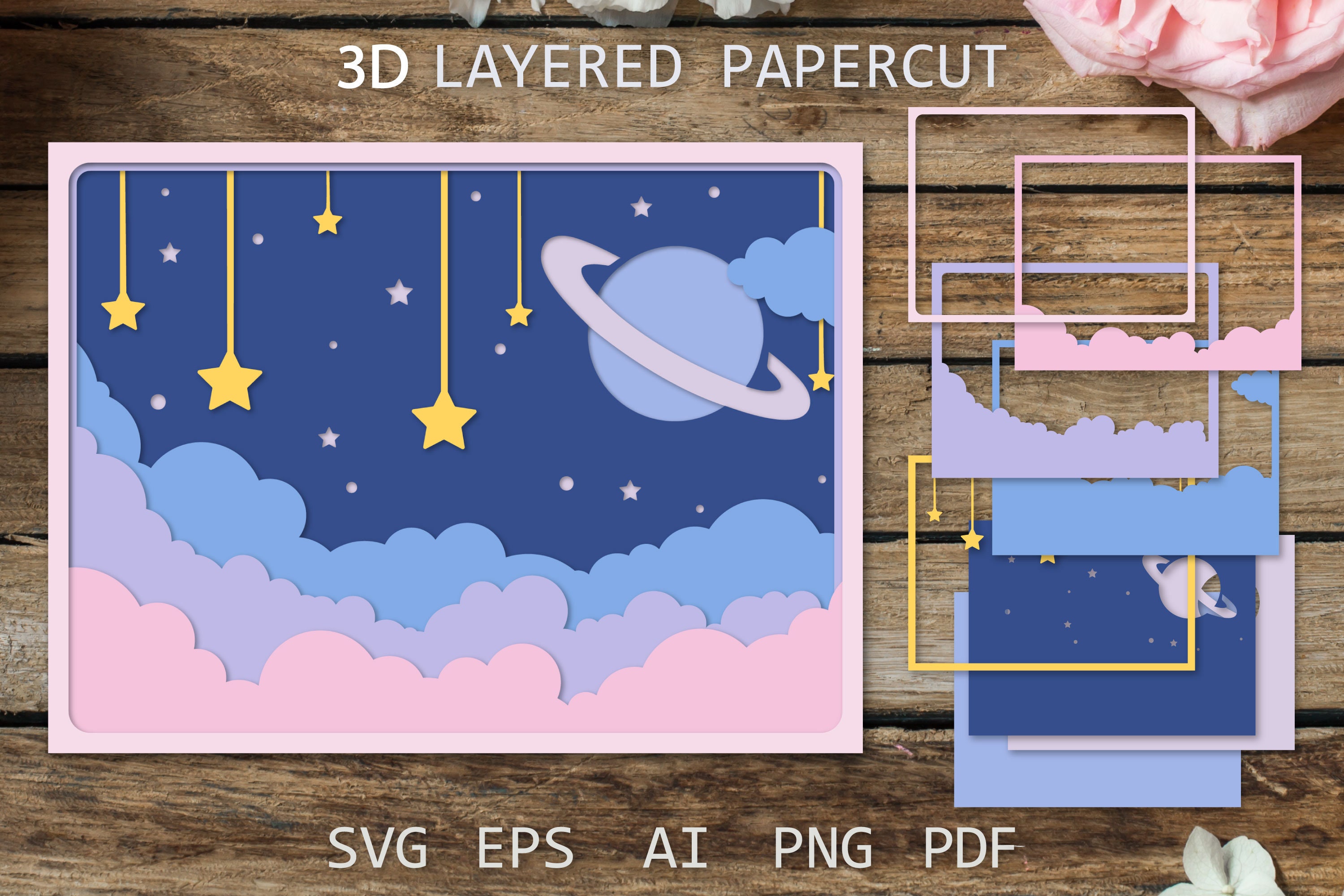 Layered Paper Cut, Clouds and Stars, 3D Planet Shadow Box - Etsy