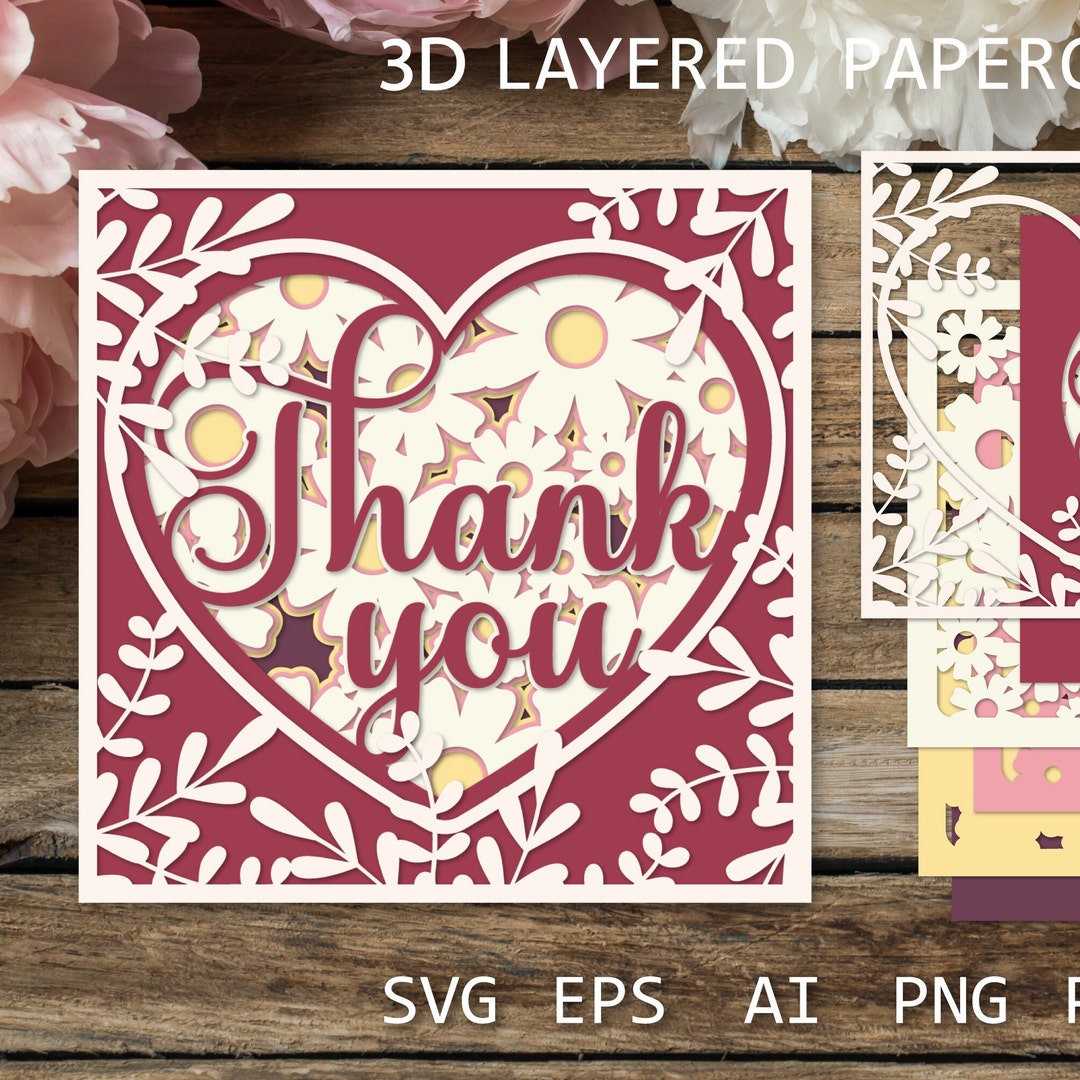 Thank You Card With Flowers 3D, Thank You Card SVG Layered Papercut ...