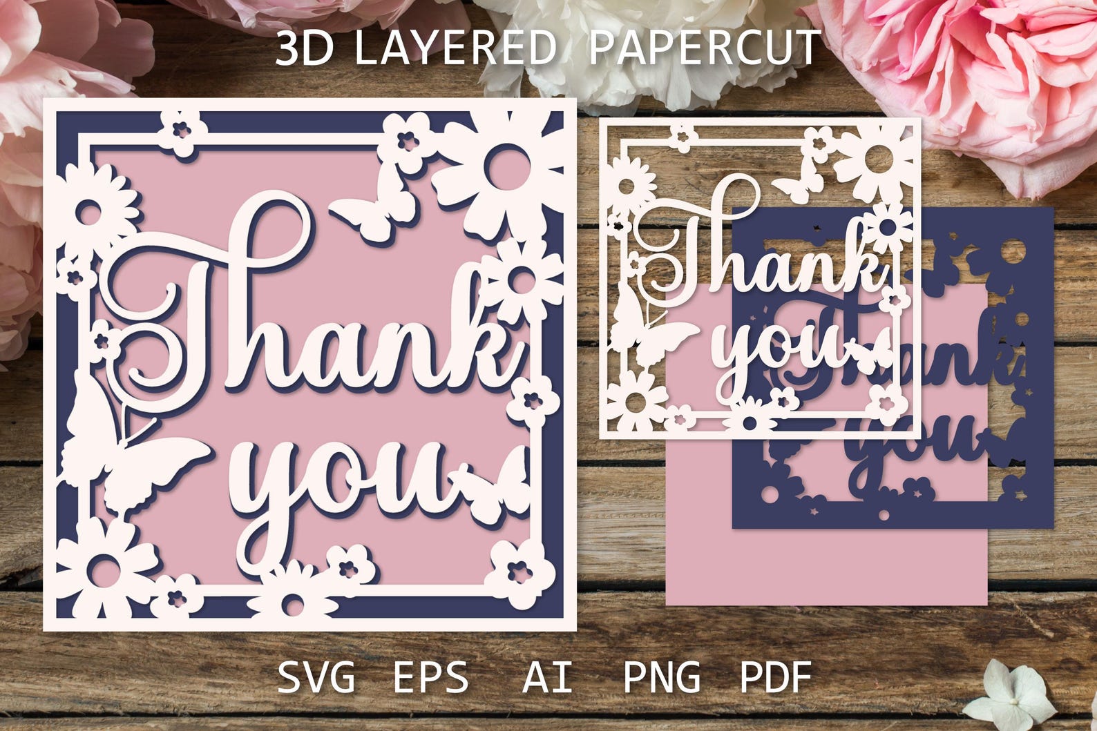 Thank You Card SVG Template With Flowers | Layered Papercut Design | 3D ...