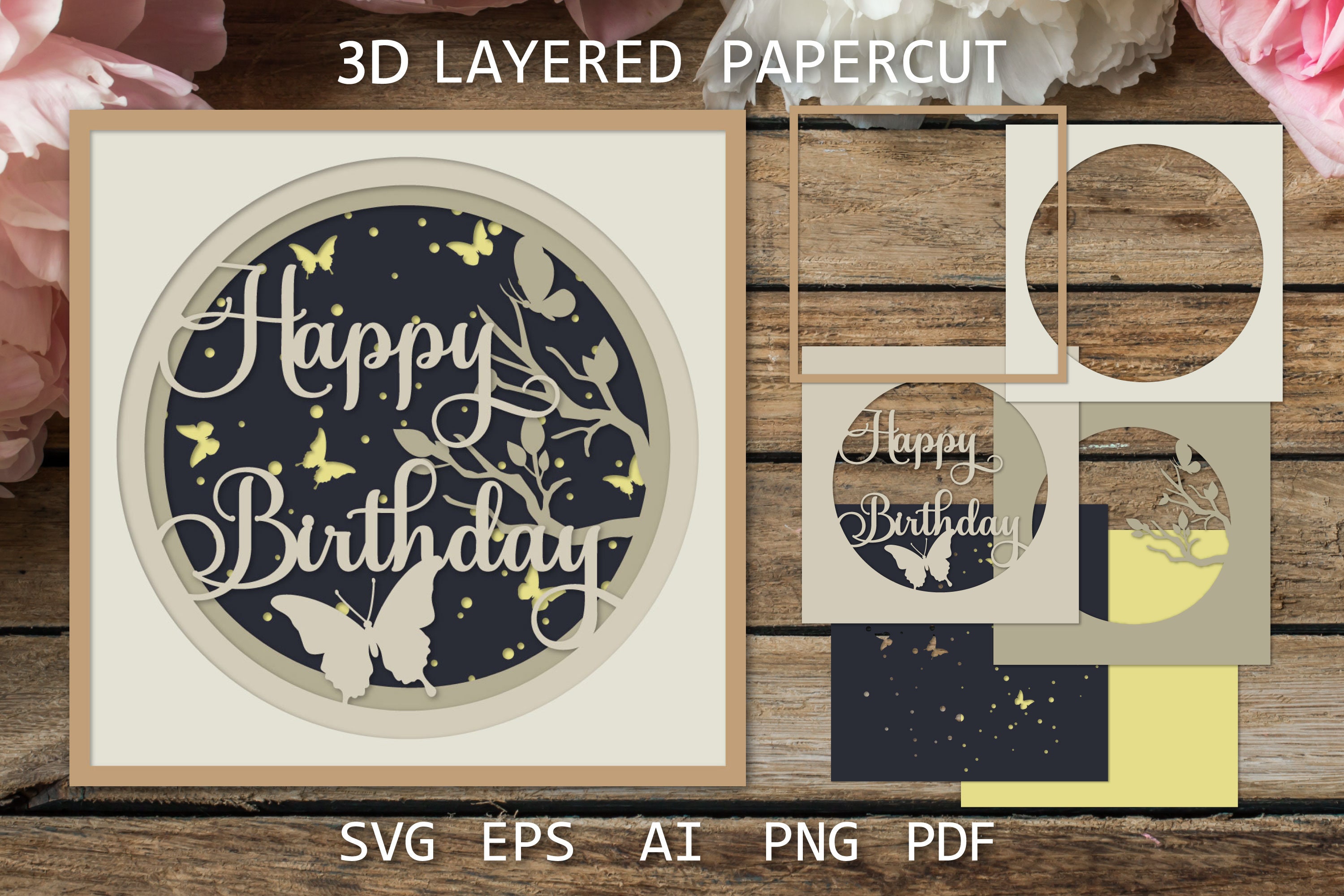Birthday Layered Card, 3D Birthday Shadow Box SVG, Layered Papercut ...