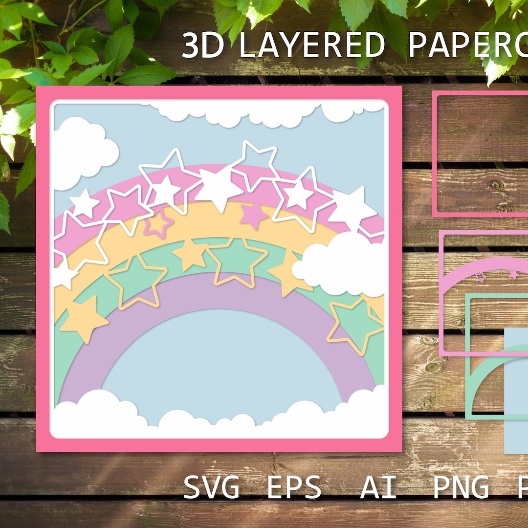Layered Paper Cut Rainbow With Stars, 3D Paper Craft SVG, Shadow Box ...