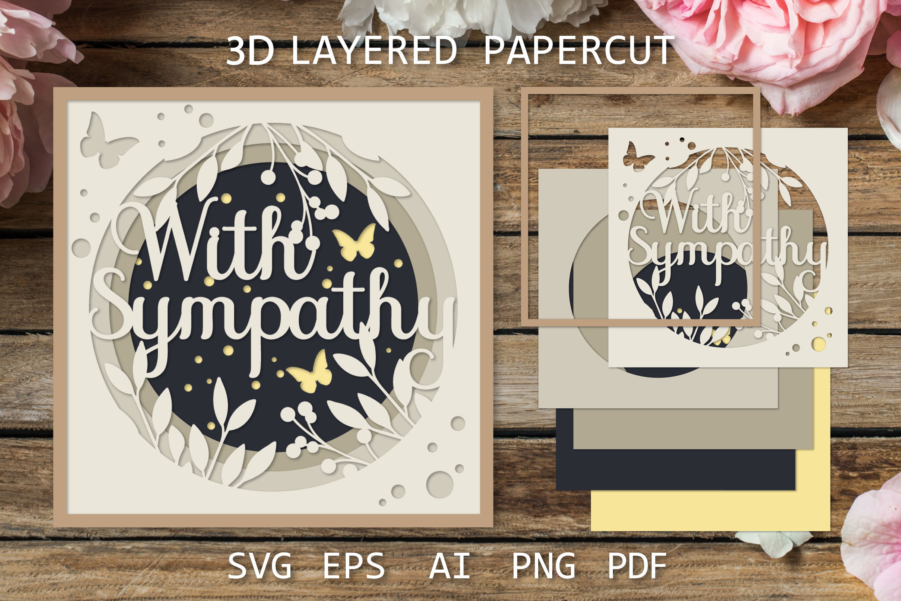 With Sympathy Card SVG, Condolence Paper Cut Card 3D, Shadow Box 3D ...