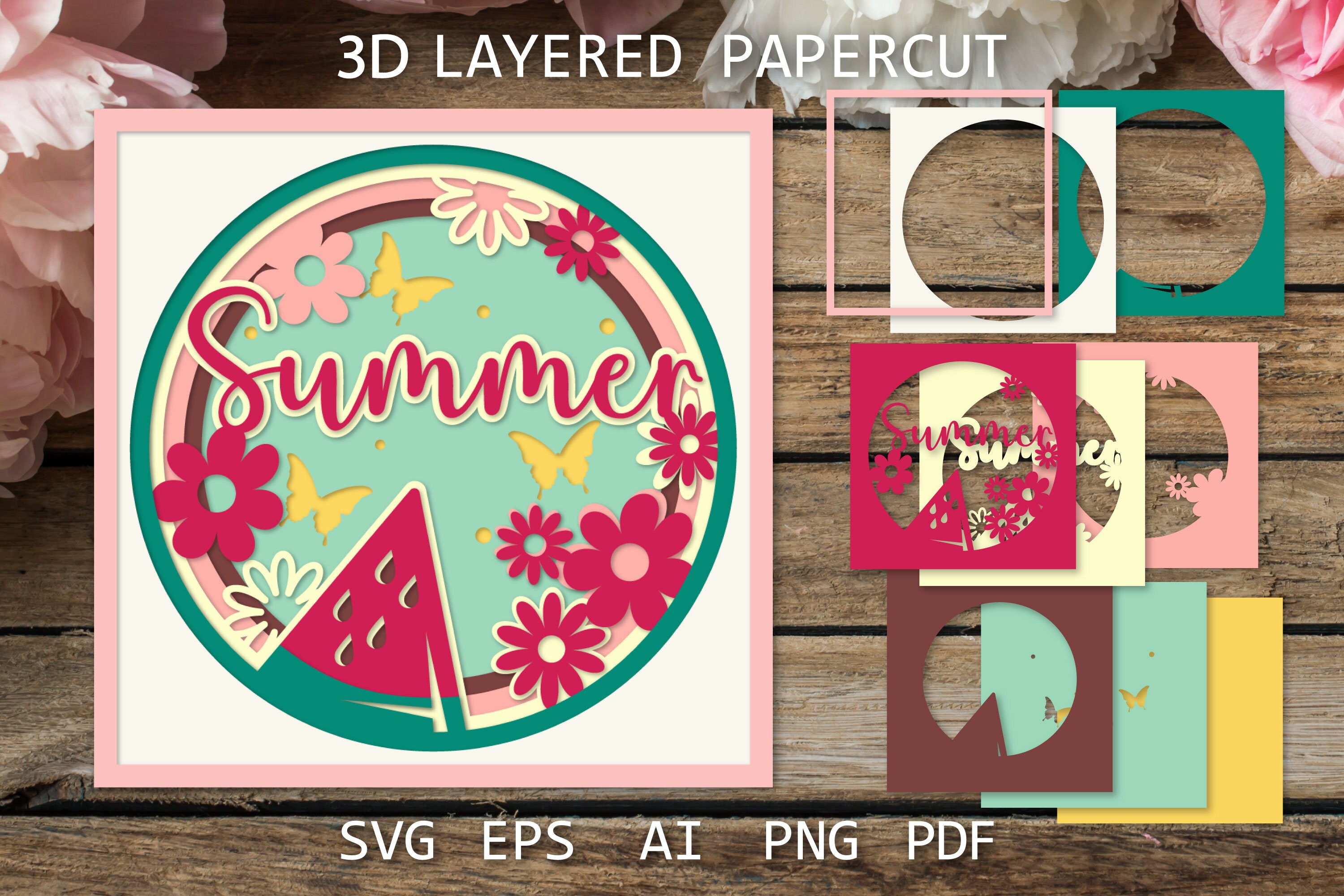 Summer SVG Layered Papercut, Paper Cutting Template, Summer Shadow Box ...