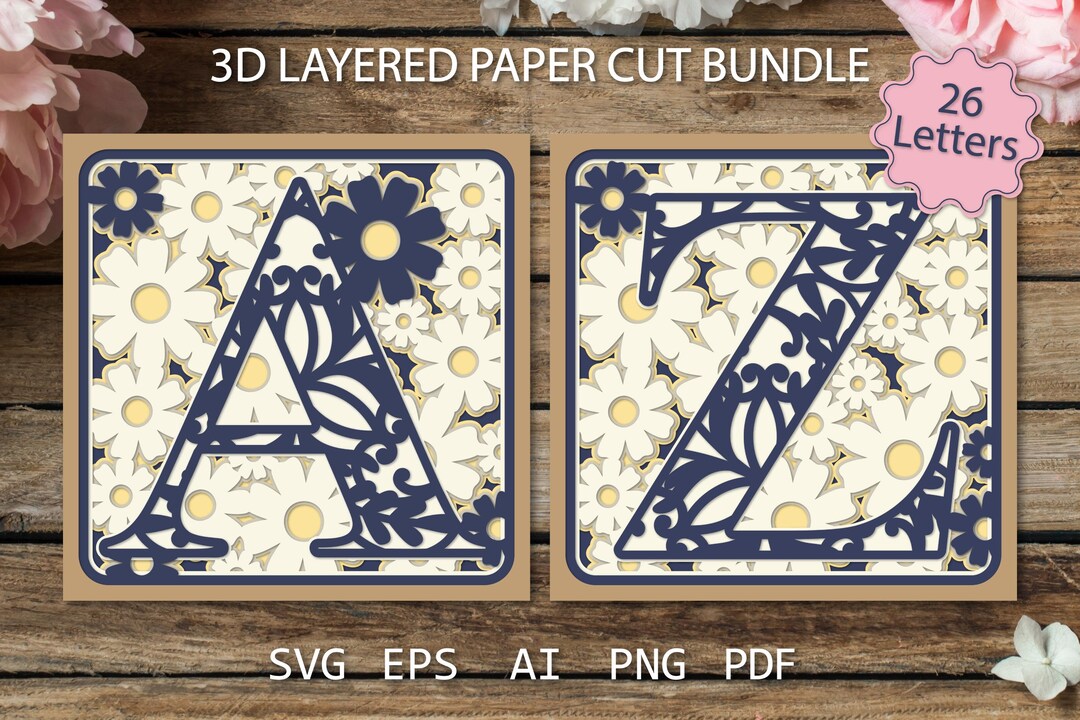 Layered Alphabet SVG, From A to Z Papercut Bundle Monogram With Flowers ...
