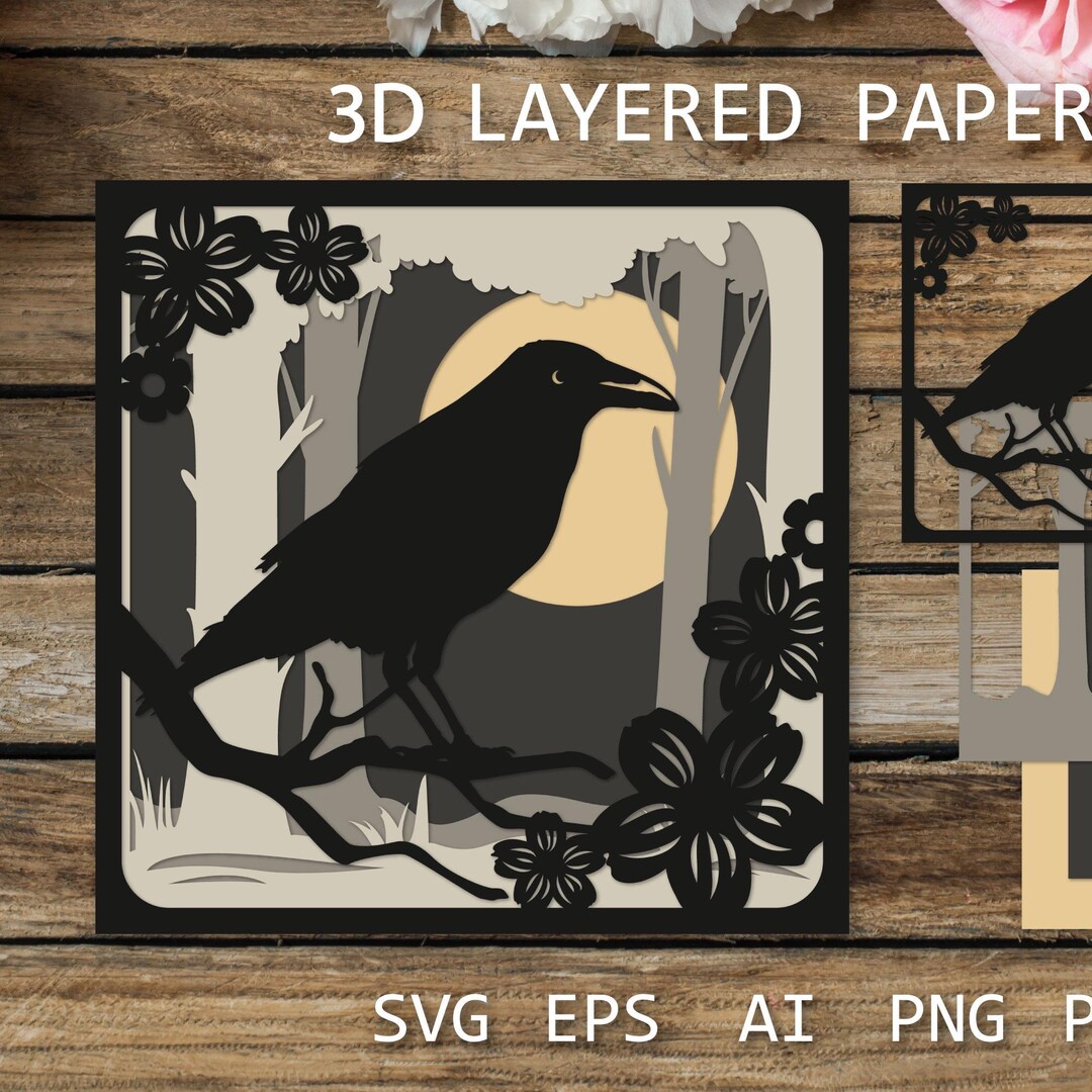 Gothic Raven Shadow Box: 3D Layered Papercut Template (SVG, AI, PDF) - Etsy