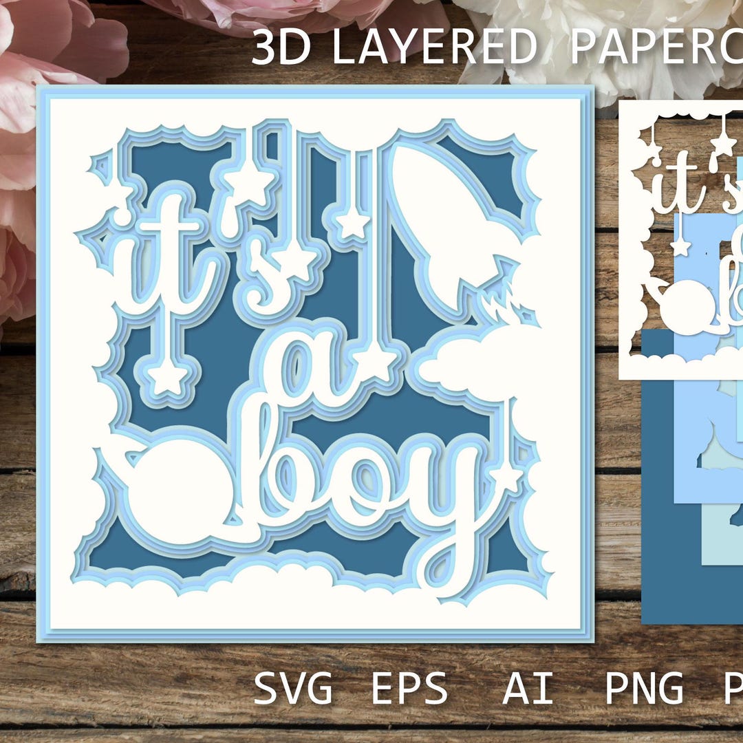 It's a Boy Card, Baby Boy Layered Card, Baby Boy SVG Paper Cutting ...