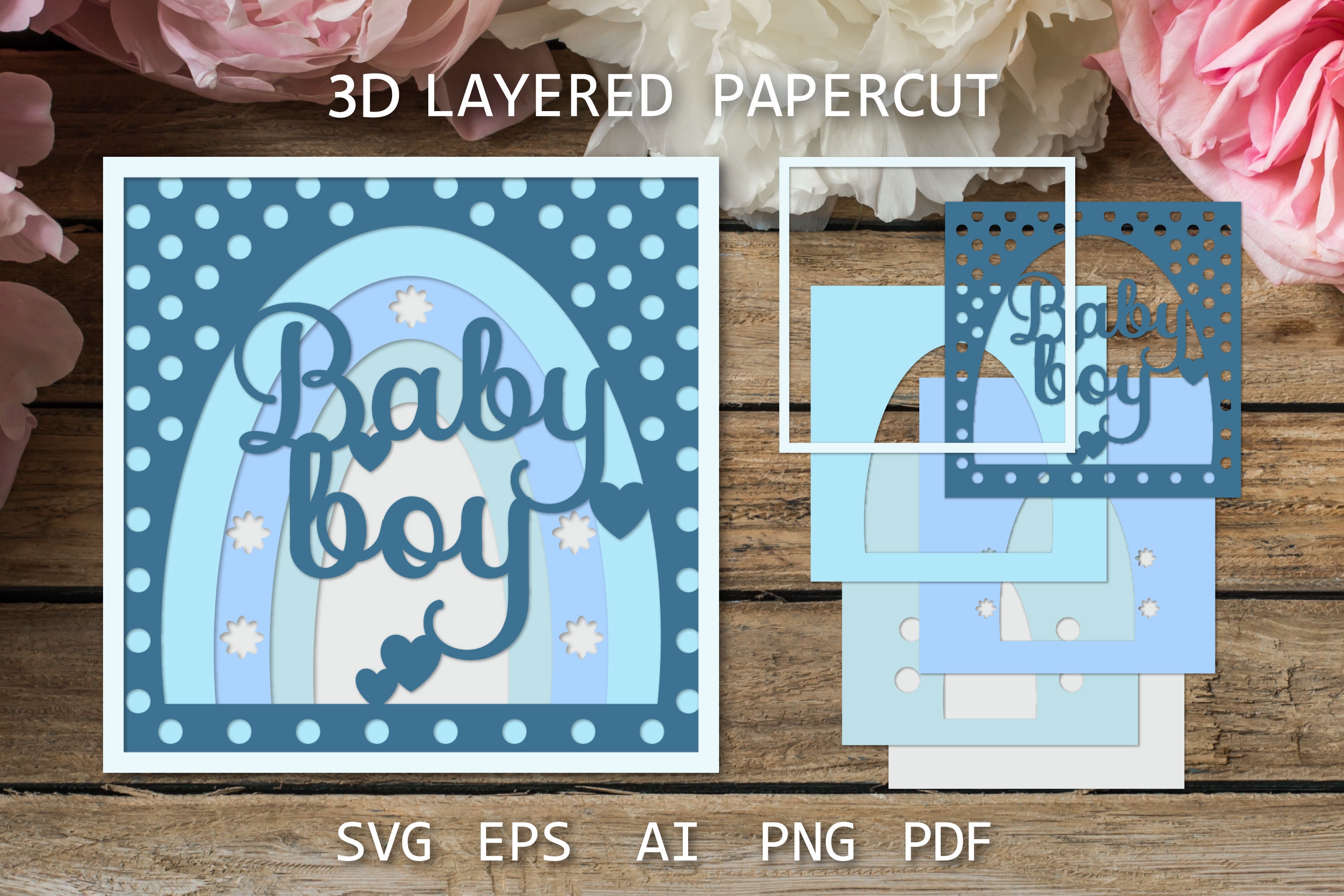 Baby Boy Card, Baby Boy SVG Paper Cutting Template, New Baby Shadow Box ...