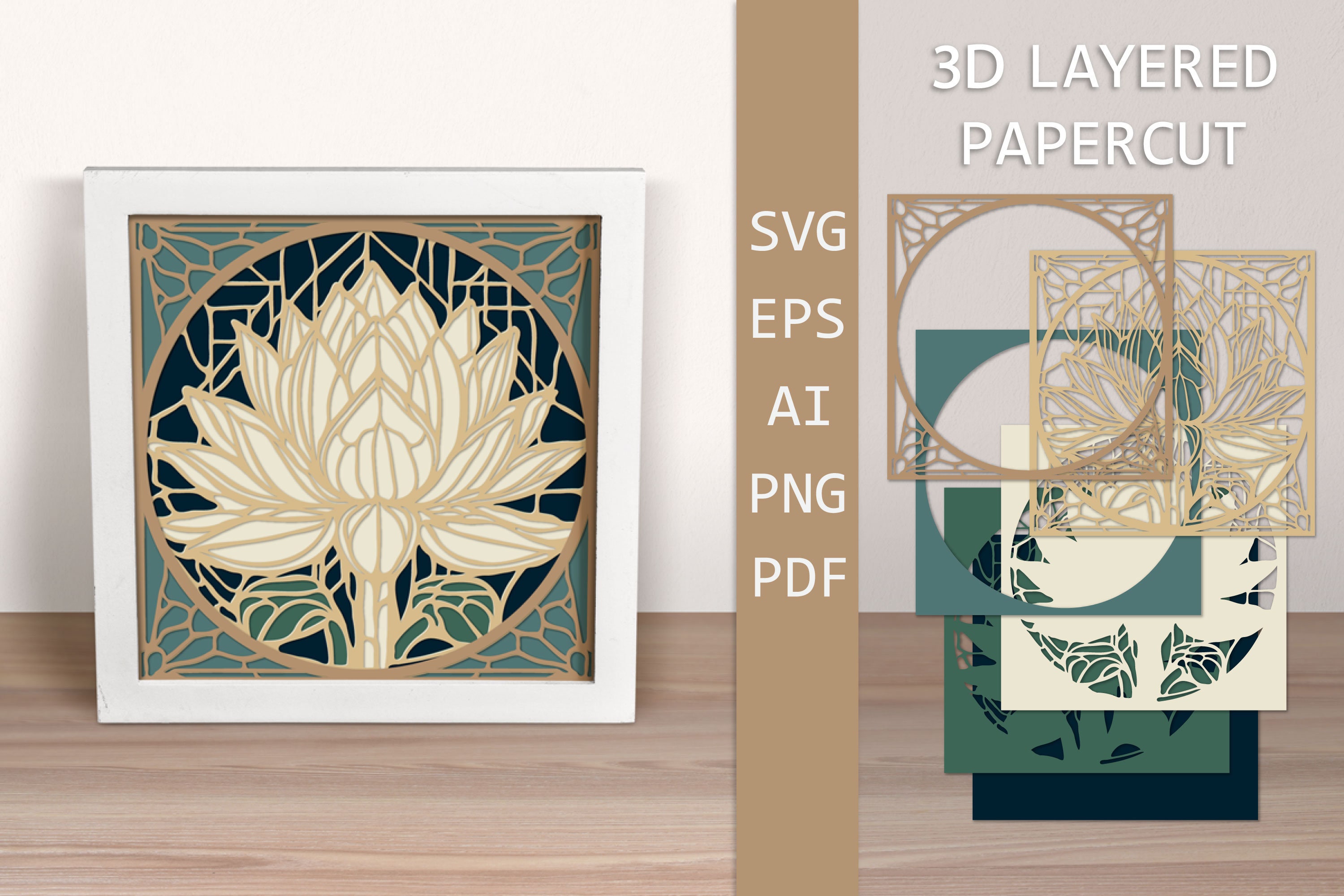 Stained Glass Lotus SVG, Layered Papercut Flowers, 3D Card SVG, Shadow ...