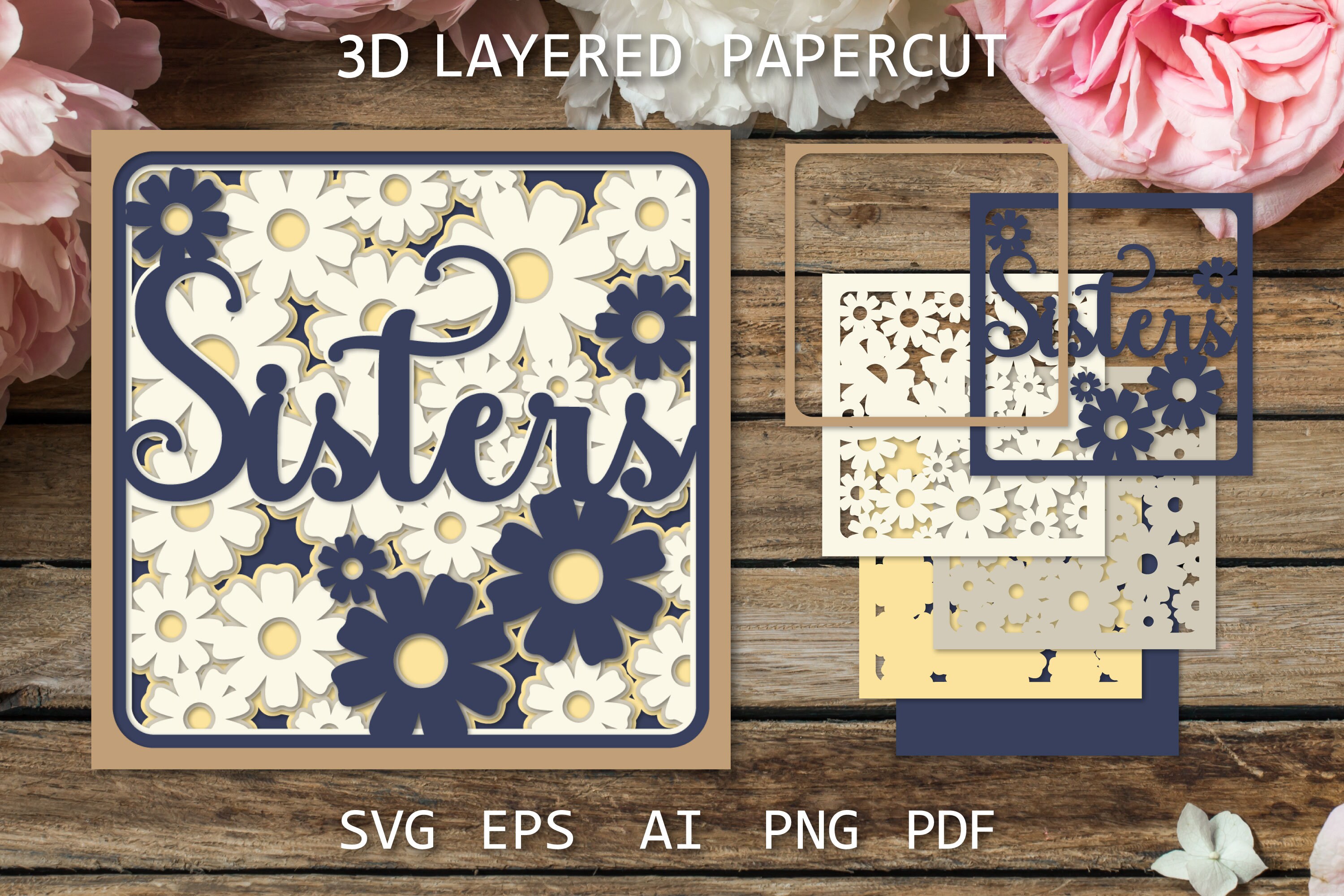 Sisters Layered Card 3D, SVG Shadow Box for Sisters, Flowers Paper ...
