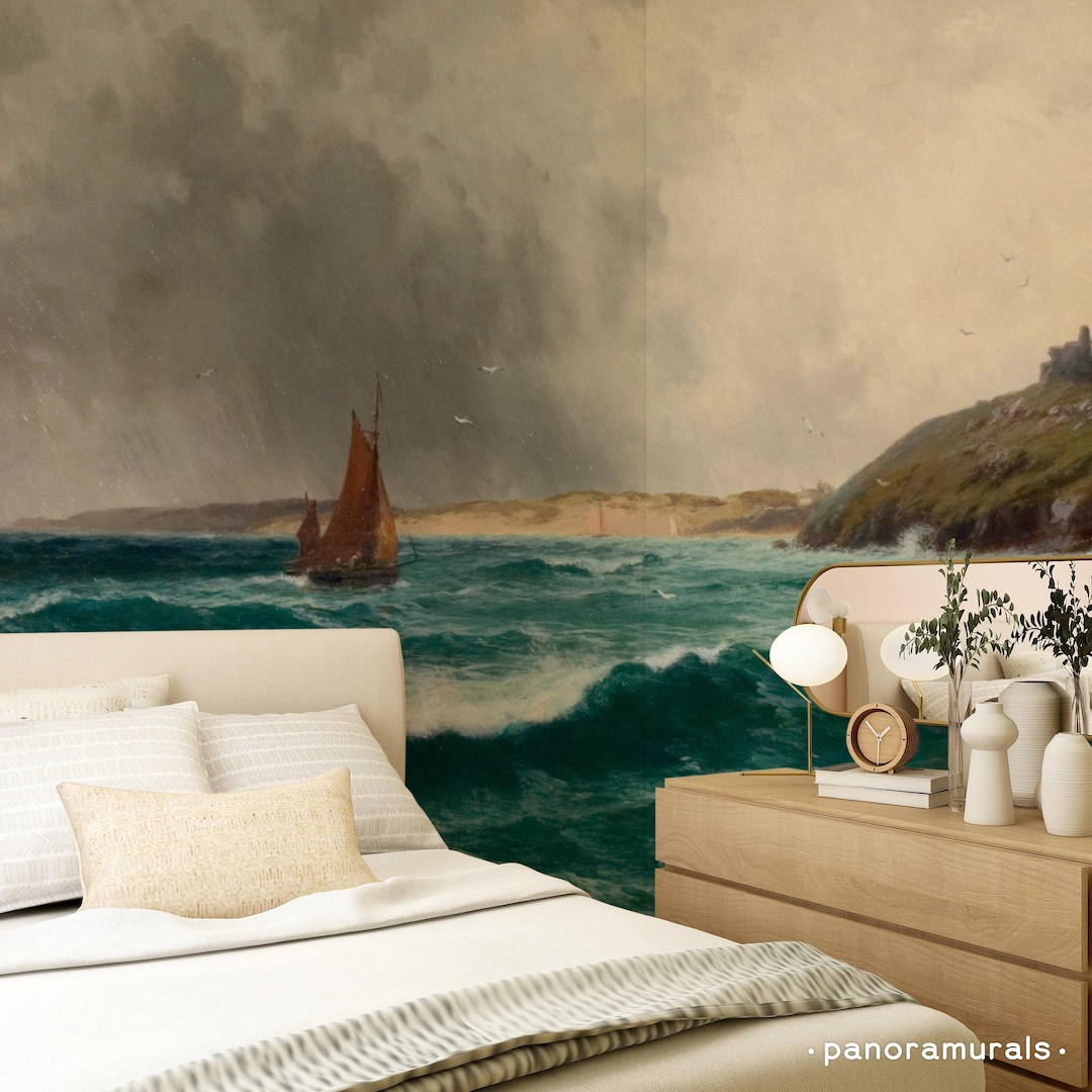 Stormy Sea Castle Wallpaper, Vintage Coastal Painting, Dramatic Ocean ...