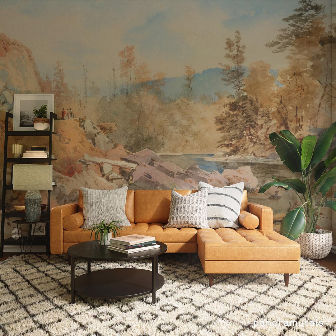 Rustic Landscape Wallpaper, Vintage Autumn River Gorge Watercolor ...