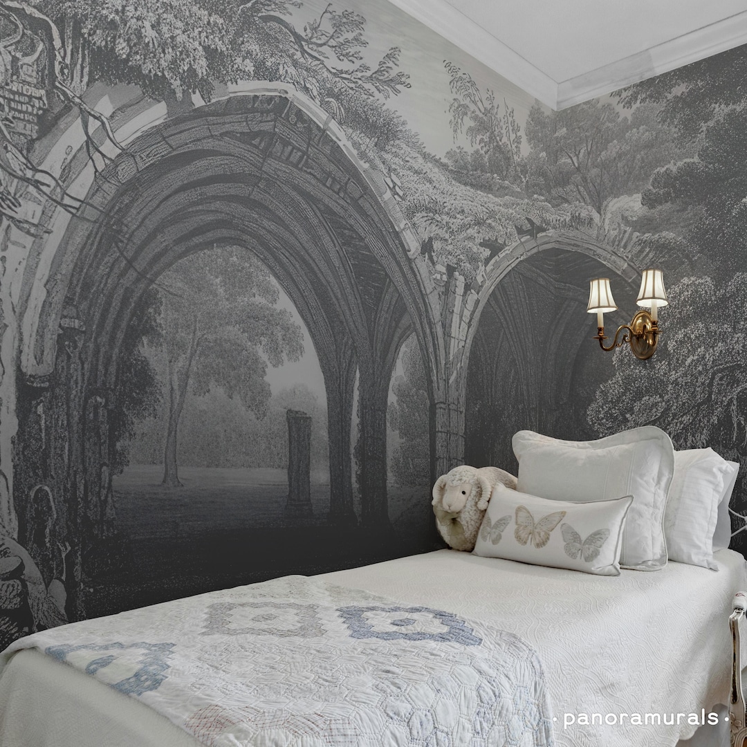 Arched Stone Mural, Gothic Ruins Wallpaper, Monochrome Architectural ...