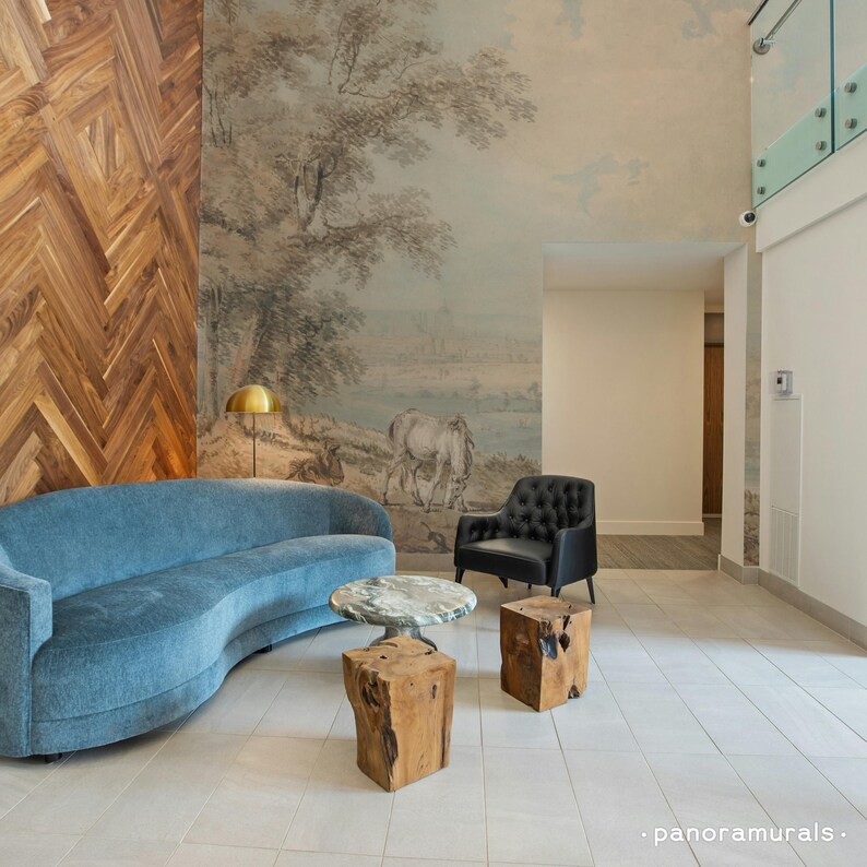 Vintage Rural Wallpaper, Removable Mural, Pastoral Landscape Art ...