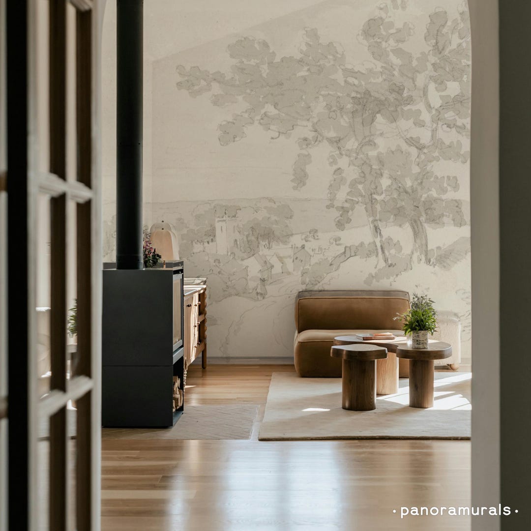 Village Neutral Moody Wall Mural for A Calming Effect, Watercolor ...