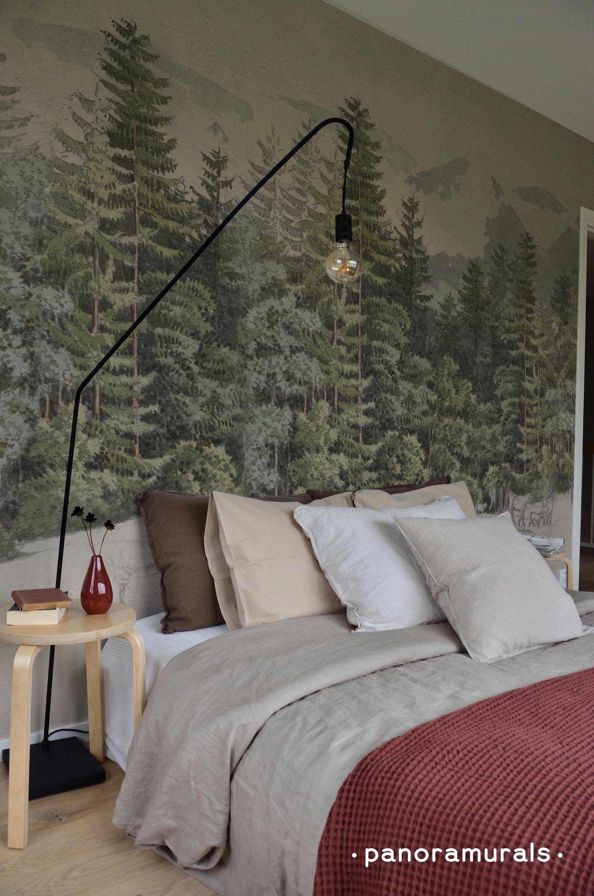 Evergreen Forest Mural, Rustic Nature Wall Art, Botanical Forest Design ...