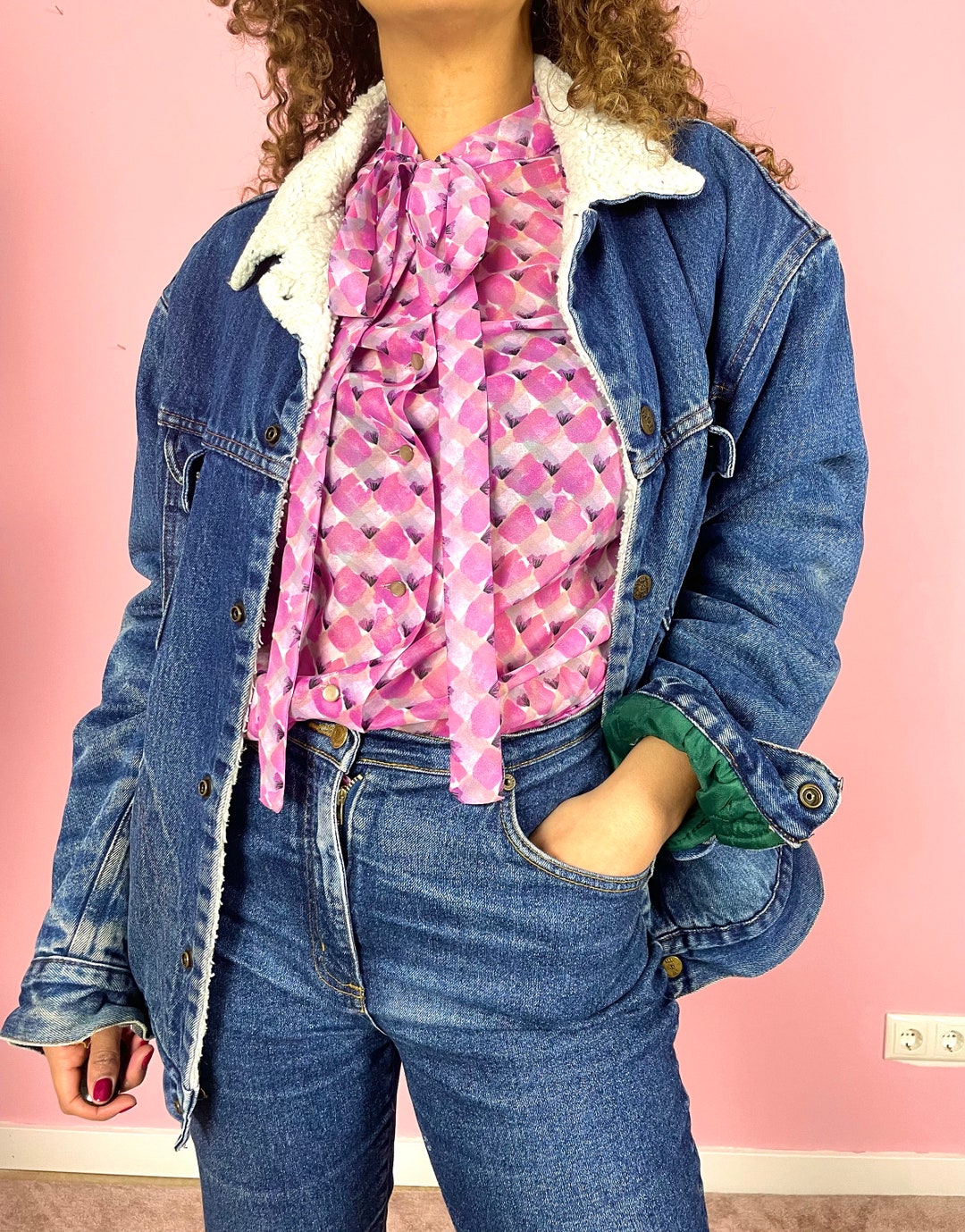 Vintage Teddy Italian Denim Jacket Puffer Denim Jacket Eighties Dark ...