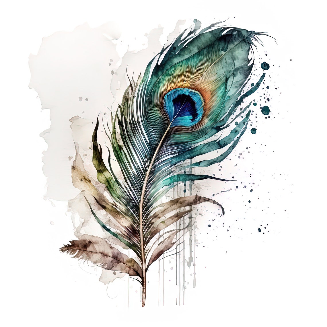 Peacock Feather Set of 4 Download, Watercolor Feather Art, Digital Art ...