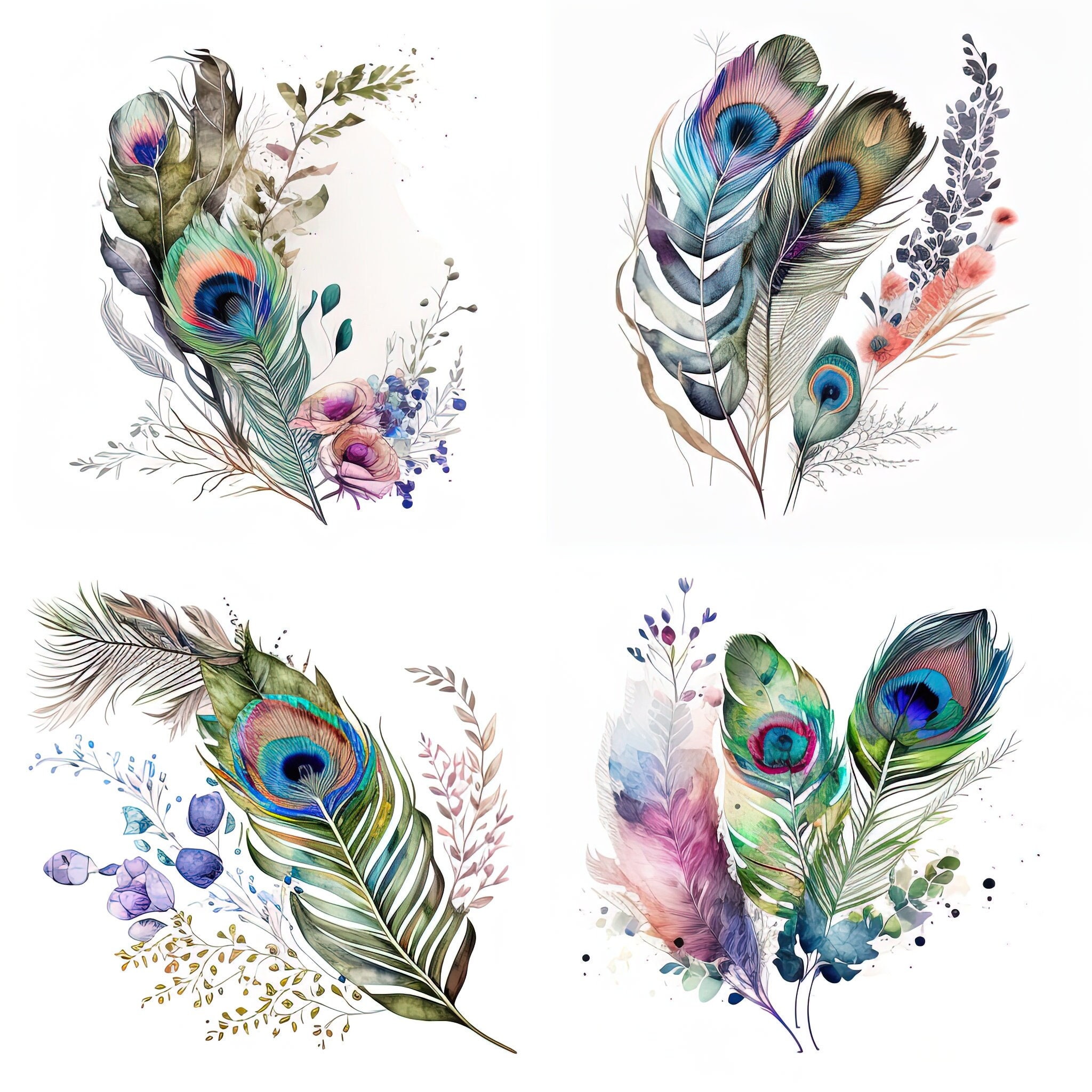 Peacock Floral Art Set of 4 Download, Watercolor Feather Art, Digital ...