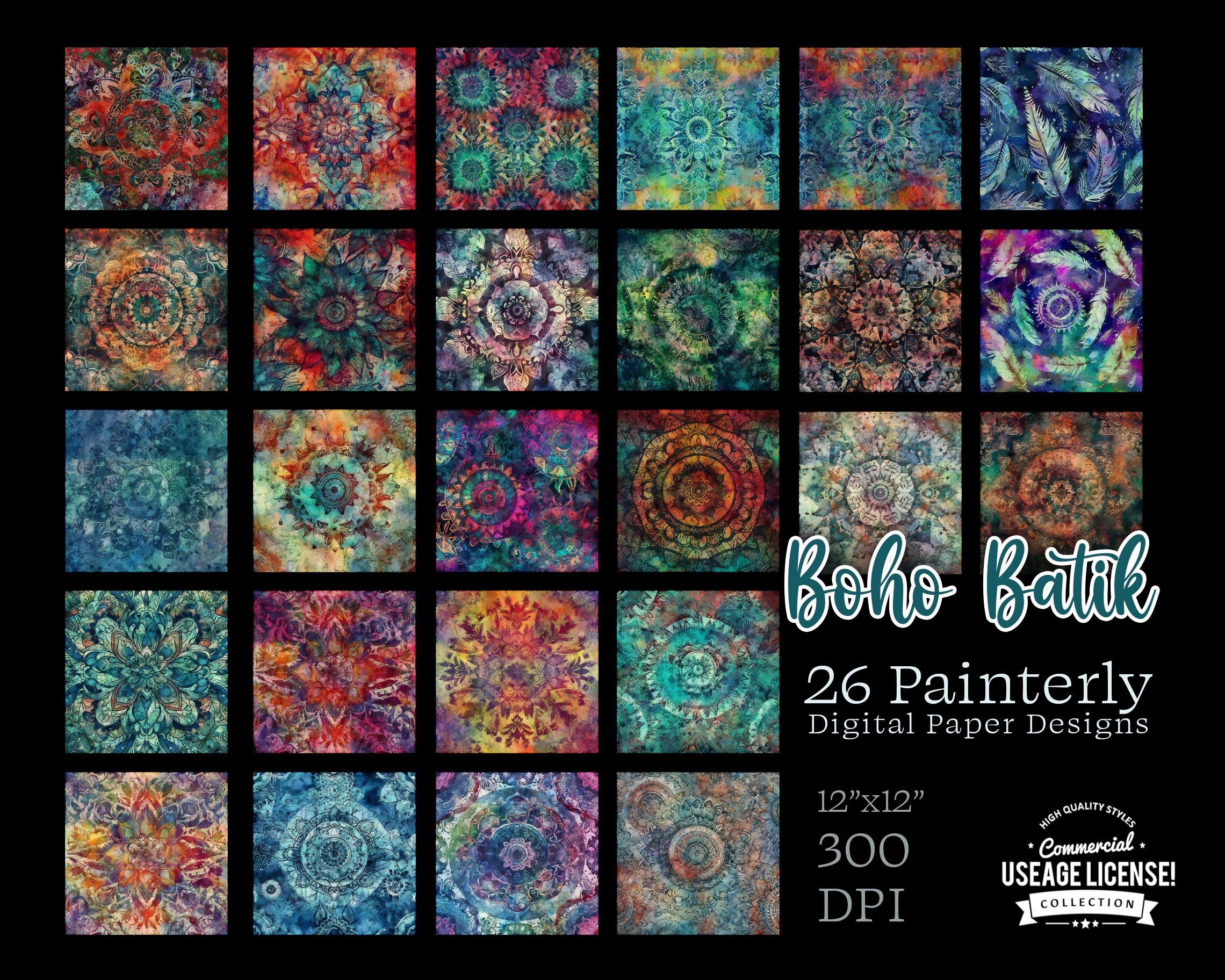 Boho Batik Digital Paper Designs, 12 Bohemian Images, Mandalas ...
