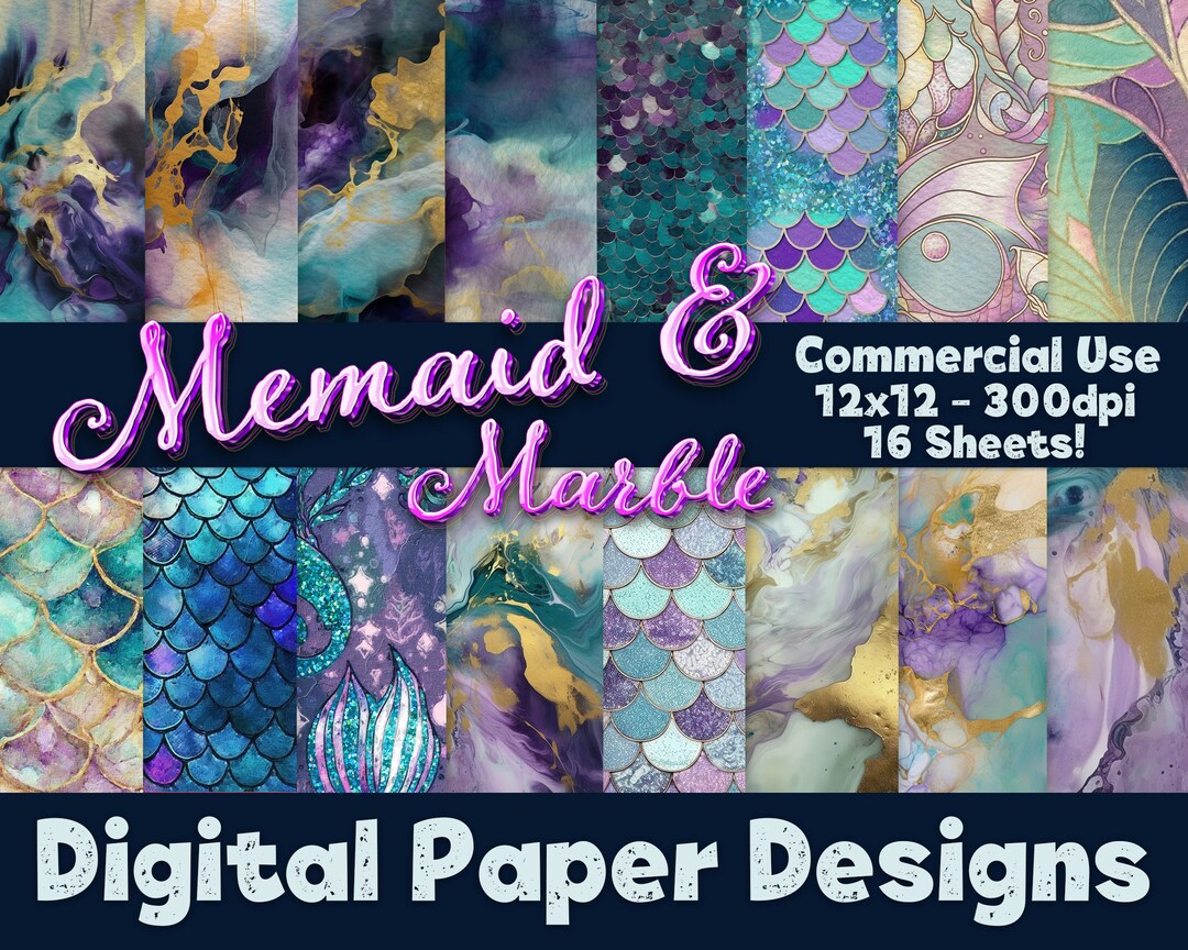 Digital Paper Mermaid and Marble Designs, for Commercial Use, Crafts ...