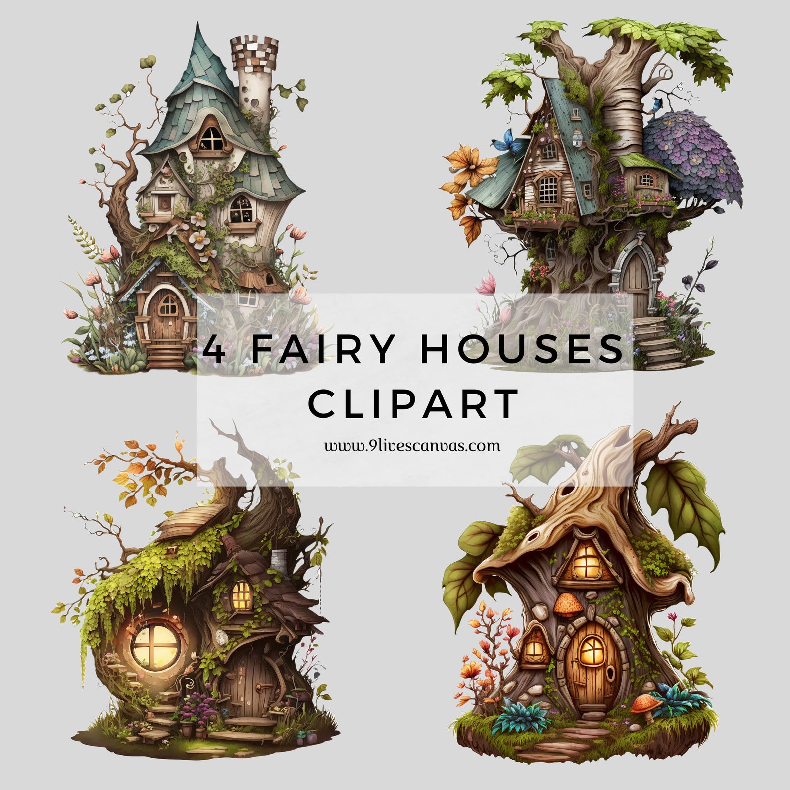 4 Fairy Houses Clipart, Fantasy Clipart, Fairy House Bundle PNG, Pack ...