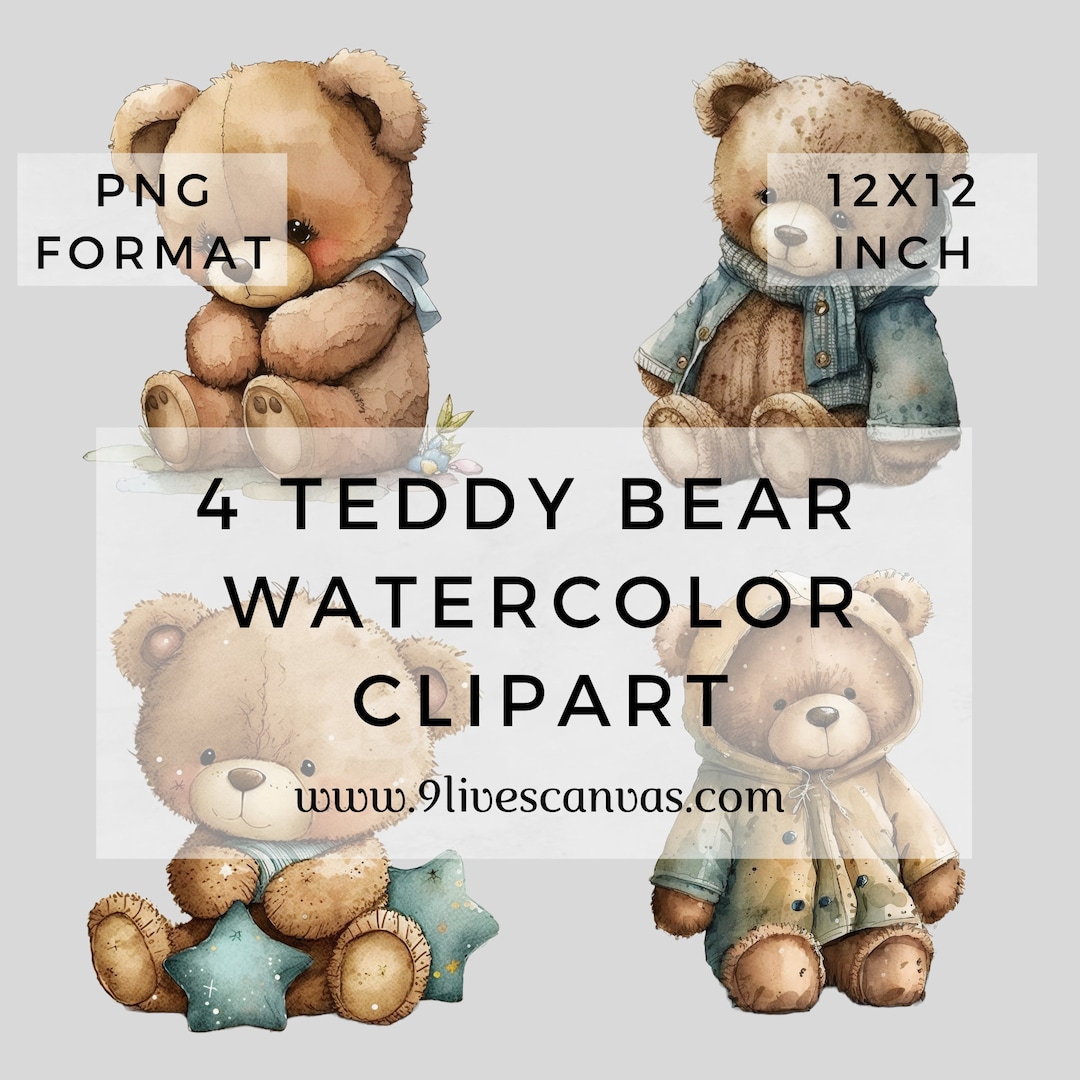 Watercolor Teddy Bear Clipart, Set of 4, Teddy Bear PNG, Teddy Bear ...