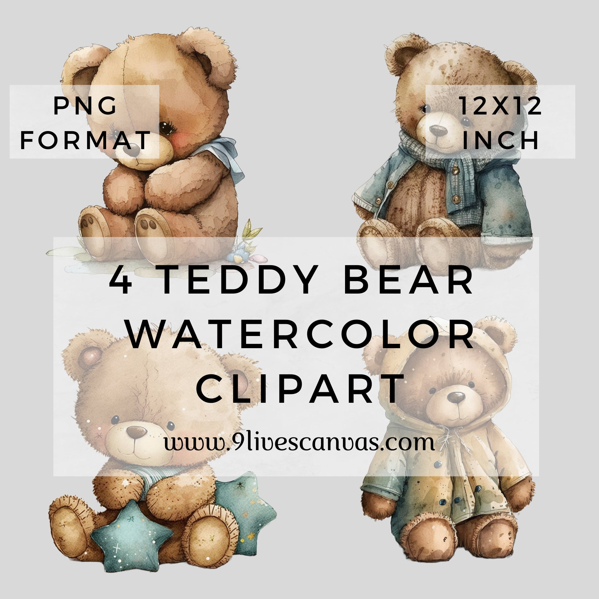 Watercolor Teddy Bear Clipart, Set of 4, Teddy Bear PNG, Teddy Bear ...