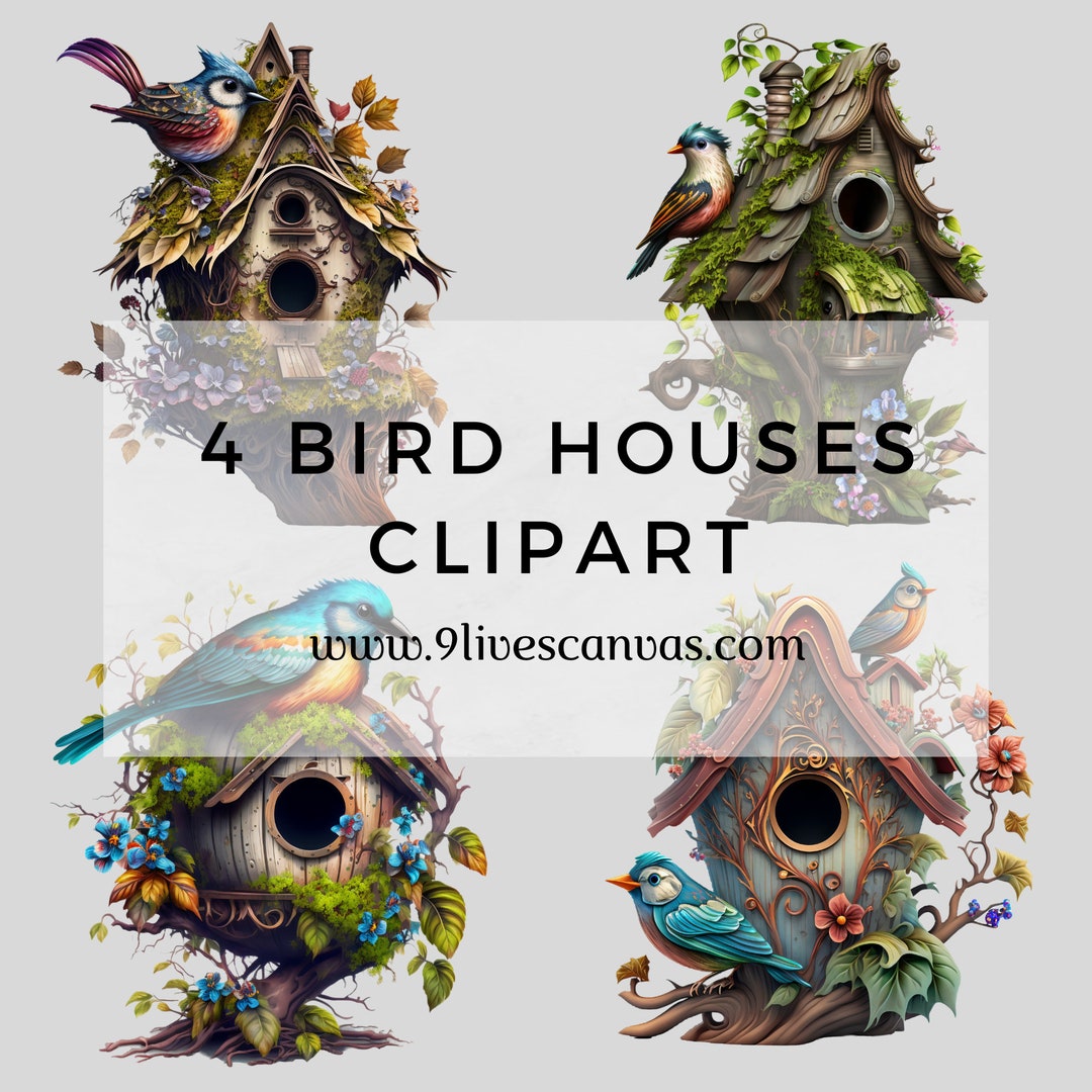 4 Bird Houses Clipart, Fantasy Clipart, Bird House Bundle PNG, Pack of ...