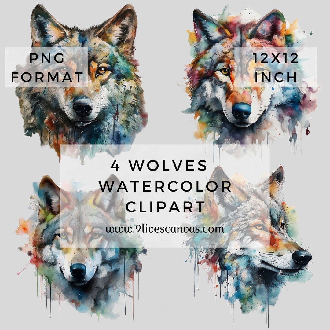 4 Watercolor Wolves Clipart PNG Images, Scrapbooking, Junk Journaling ...