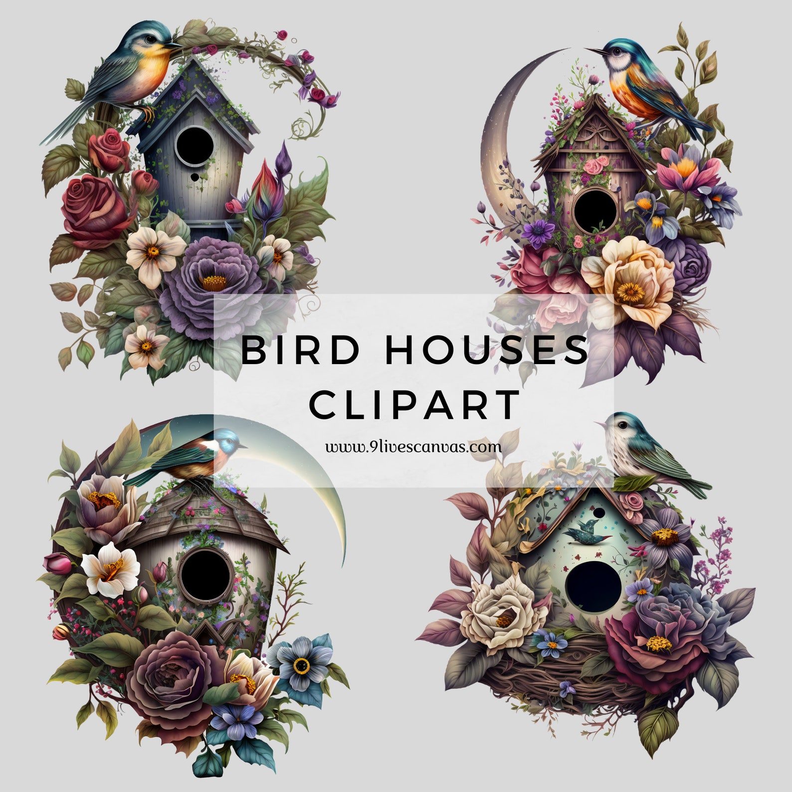 4 Bird Houses Clipart, Fantasy Clipart, Bird House Bundle PNG, Pack of ...