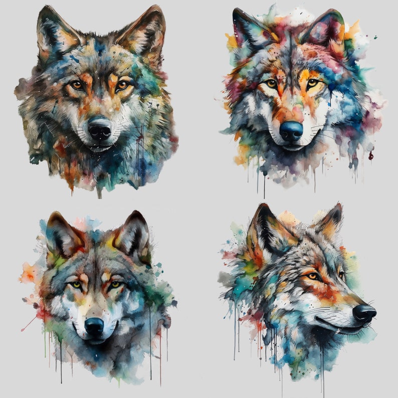 4 Watercolor Wolves Clipart PNG Images, Scrapbooking, Junk Journaling ...